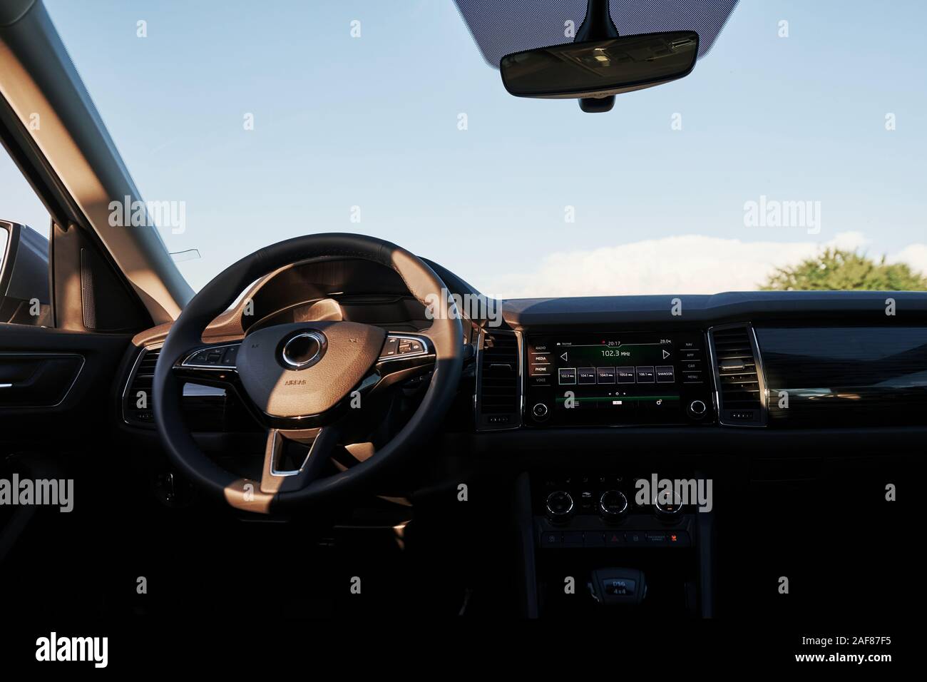 Front panel. Inside modern car. Steering wheel, quality material Stock ...