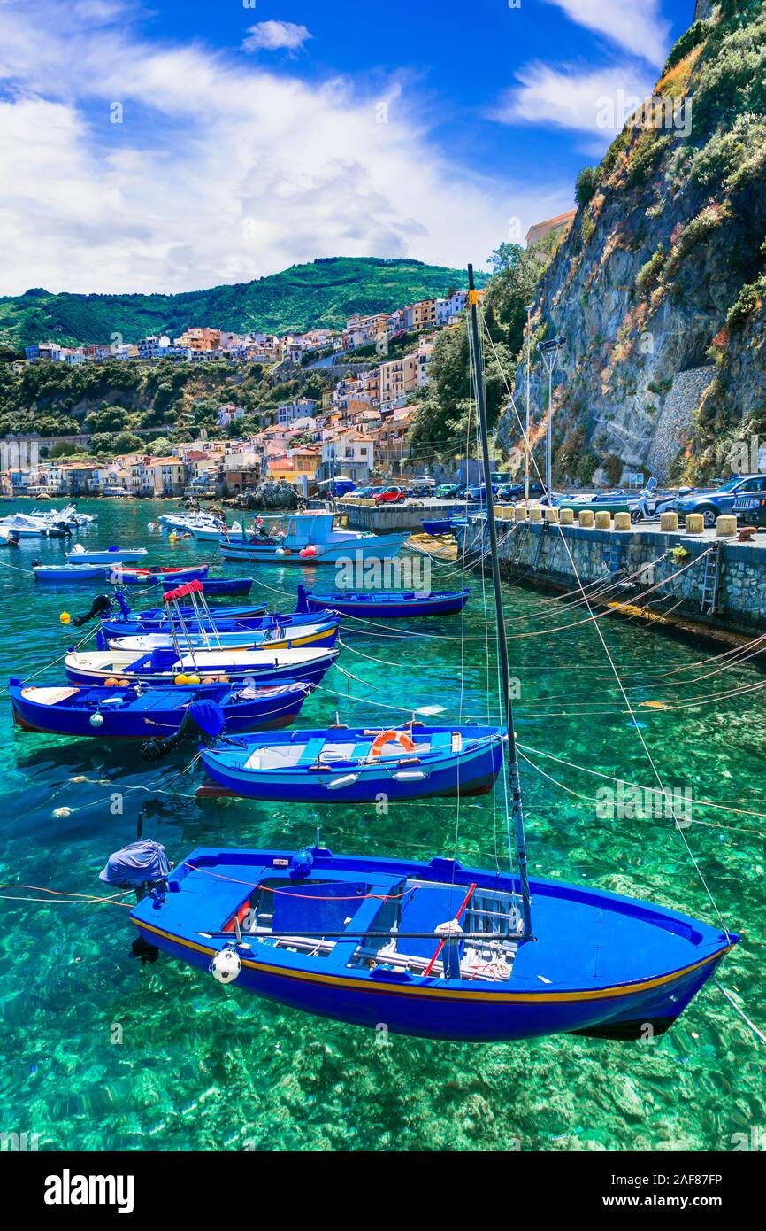 Beautiful Scilla village,view with turquoise sea,boats and mountains ...