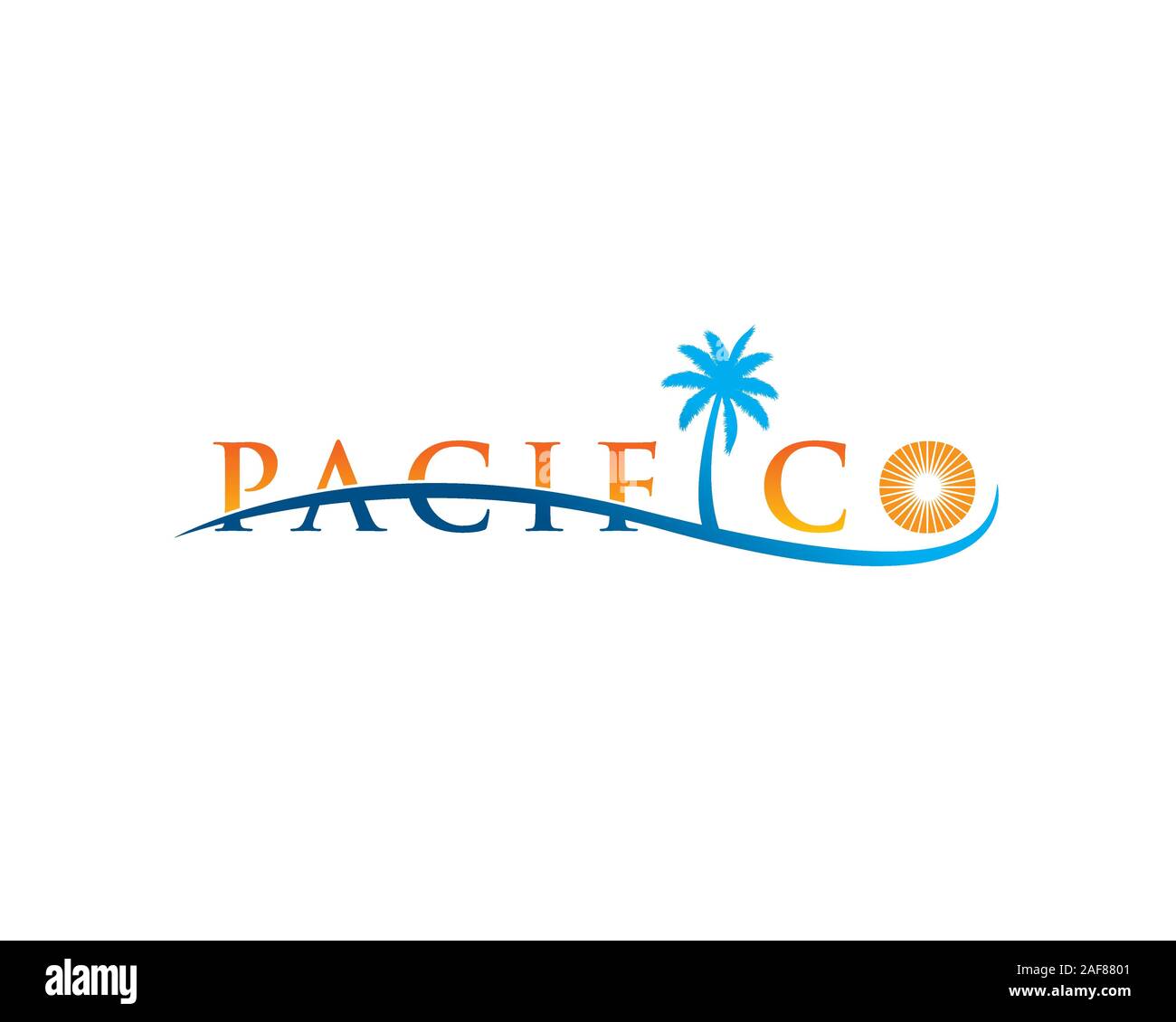 wordmark pacifico letter i as palm tree line ocean wave strike through ...
