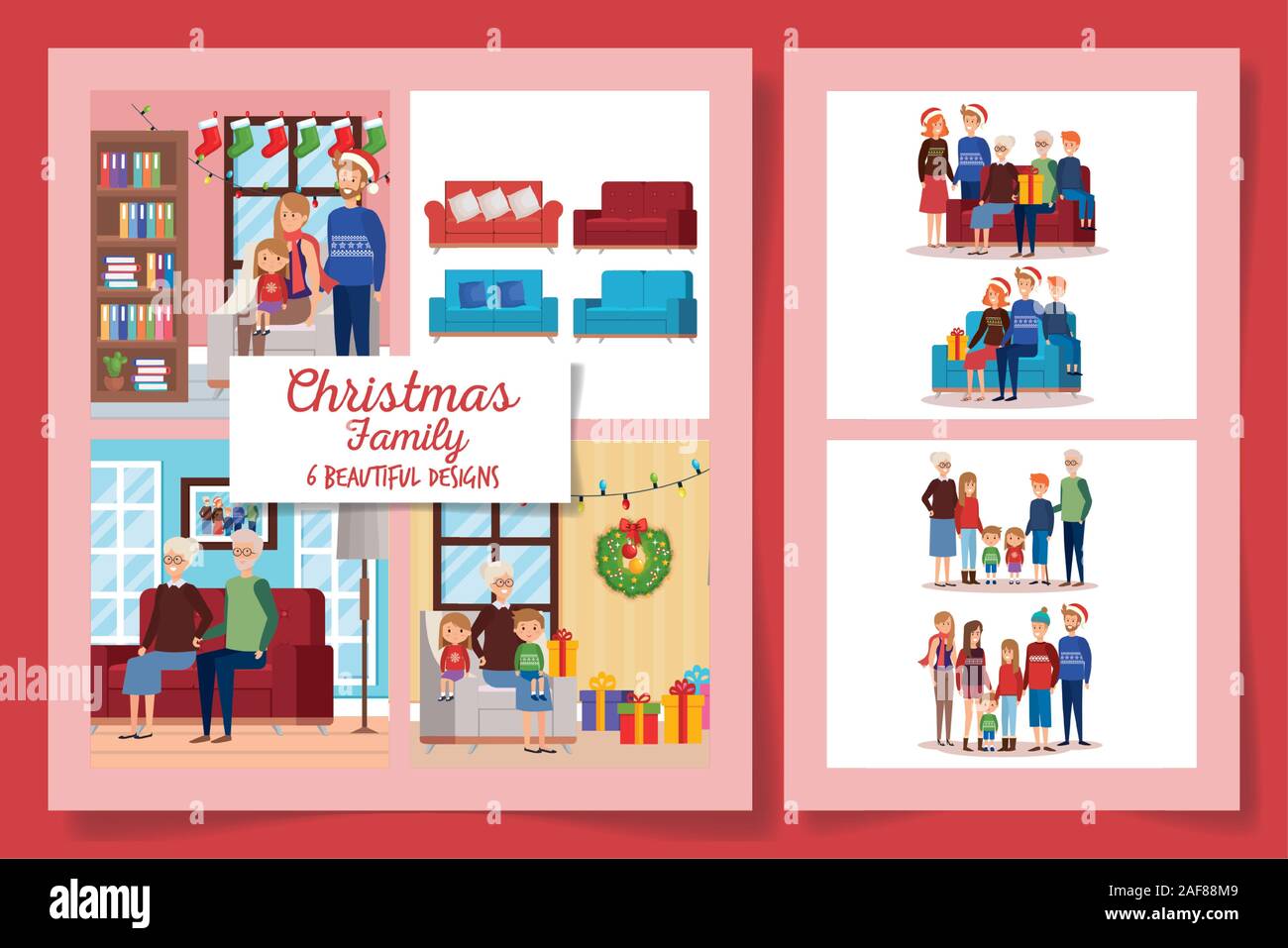 six designs of christmas family with decoration Stock Vector Image ...