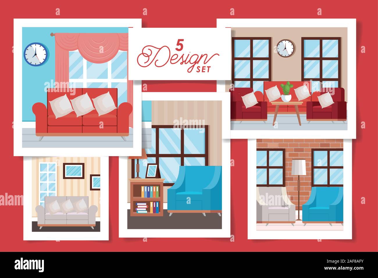 five designs of interiors living room with decoration Stock Vector ...