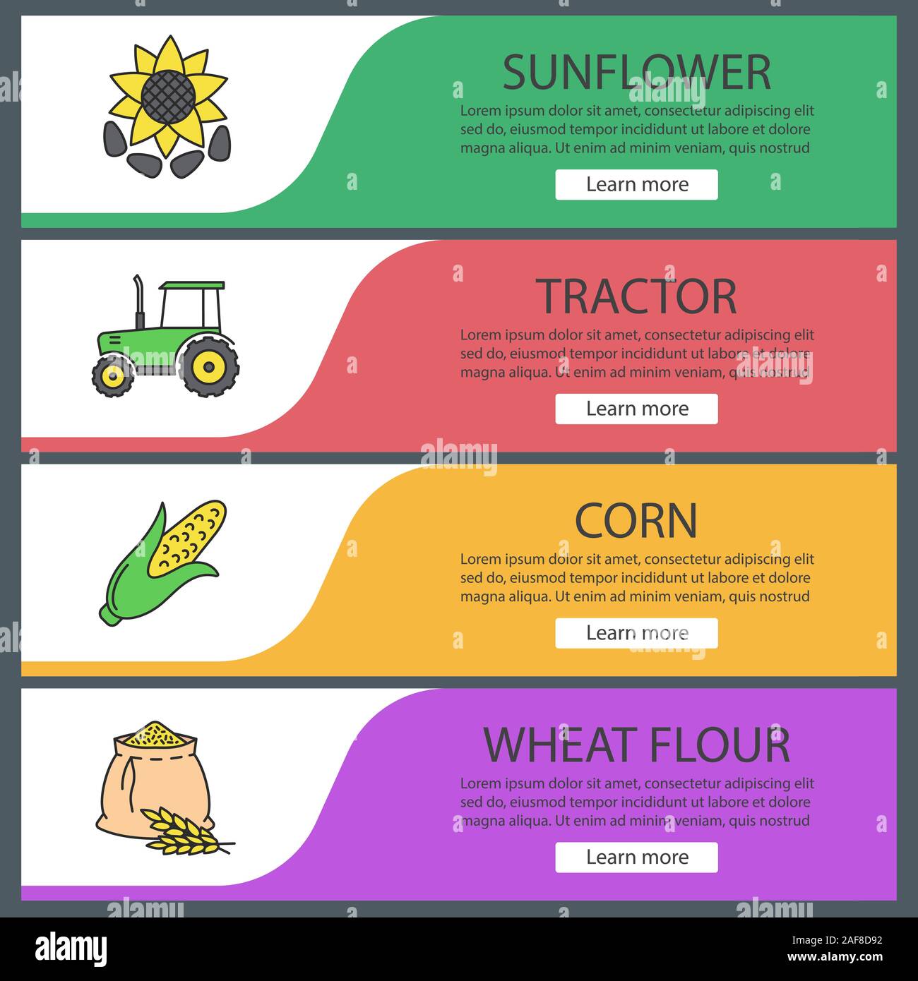 Agriculture web banner templates set. Sunflower, tractor, corn, wheat ...