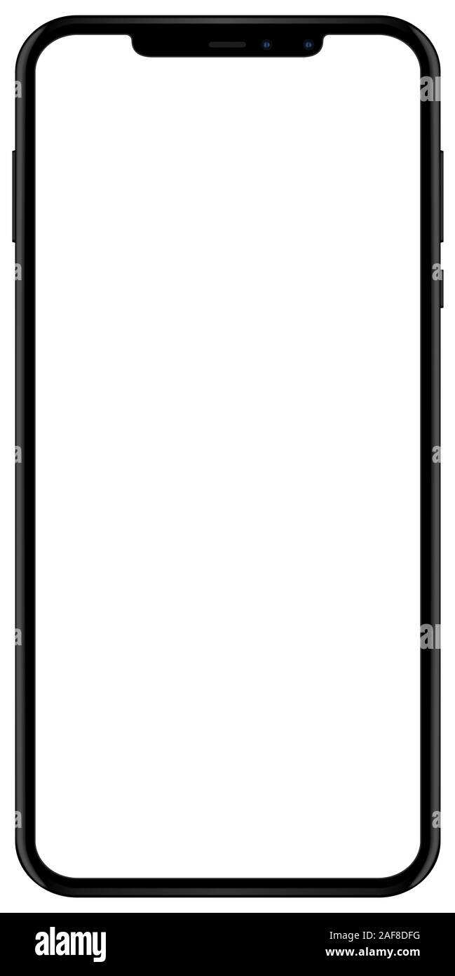 Brand new smartphone black color with blank screen isolated on white ...