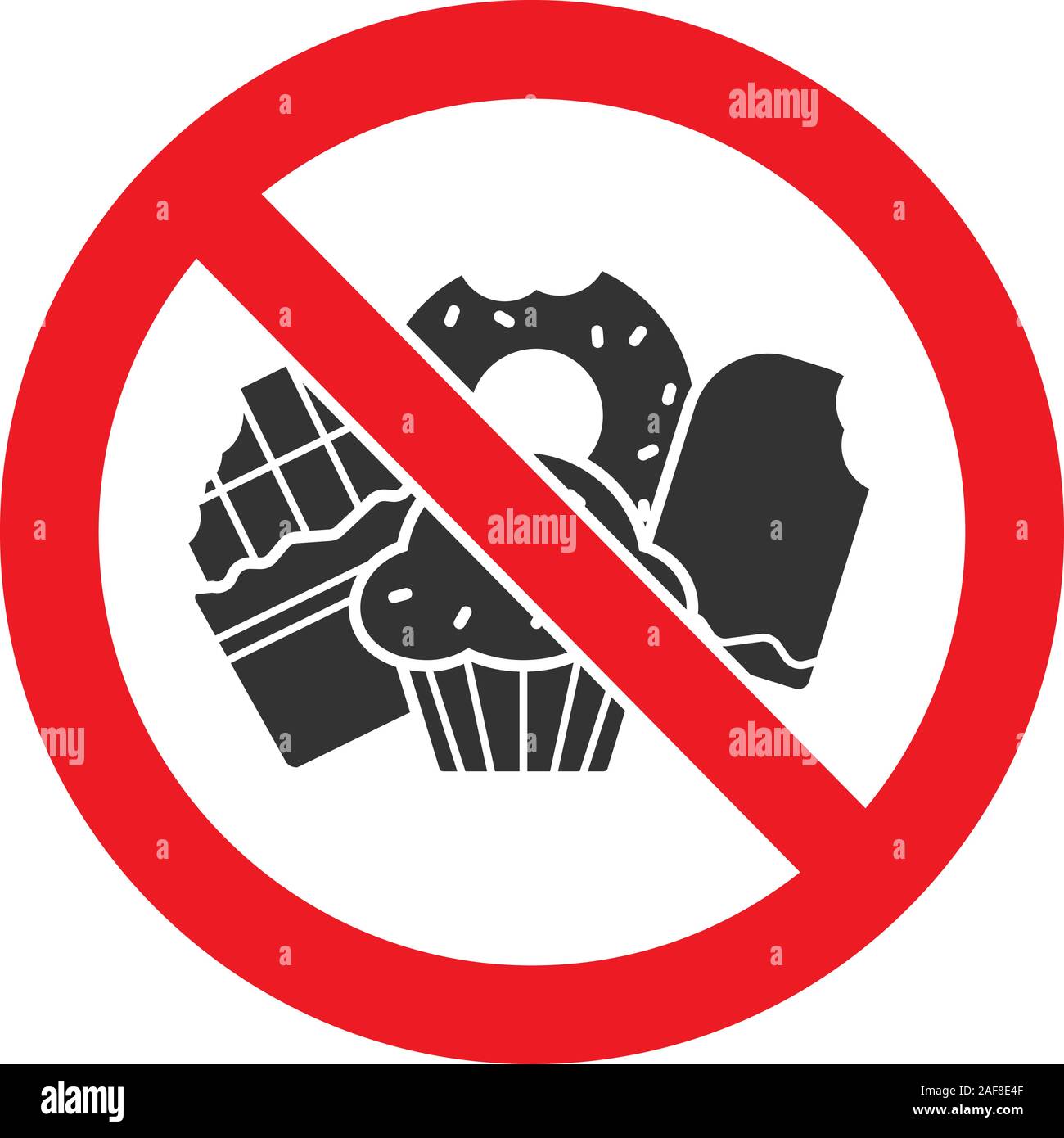 Forbidden sign with confectionery glyph icon. Stop silhouette symbol ...