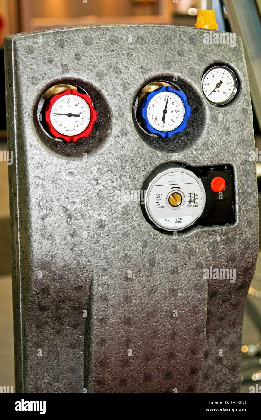 Heating control unit with gauges and pump Stock Photo - Alamy