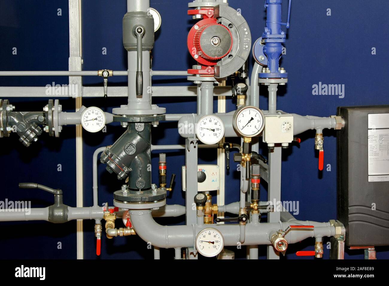 Heating pipes with vents and gauge meters Stock Photo - Alamy