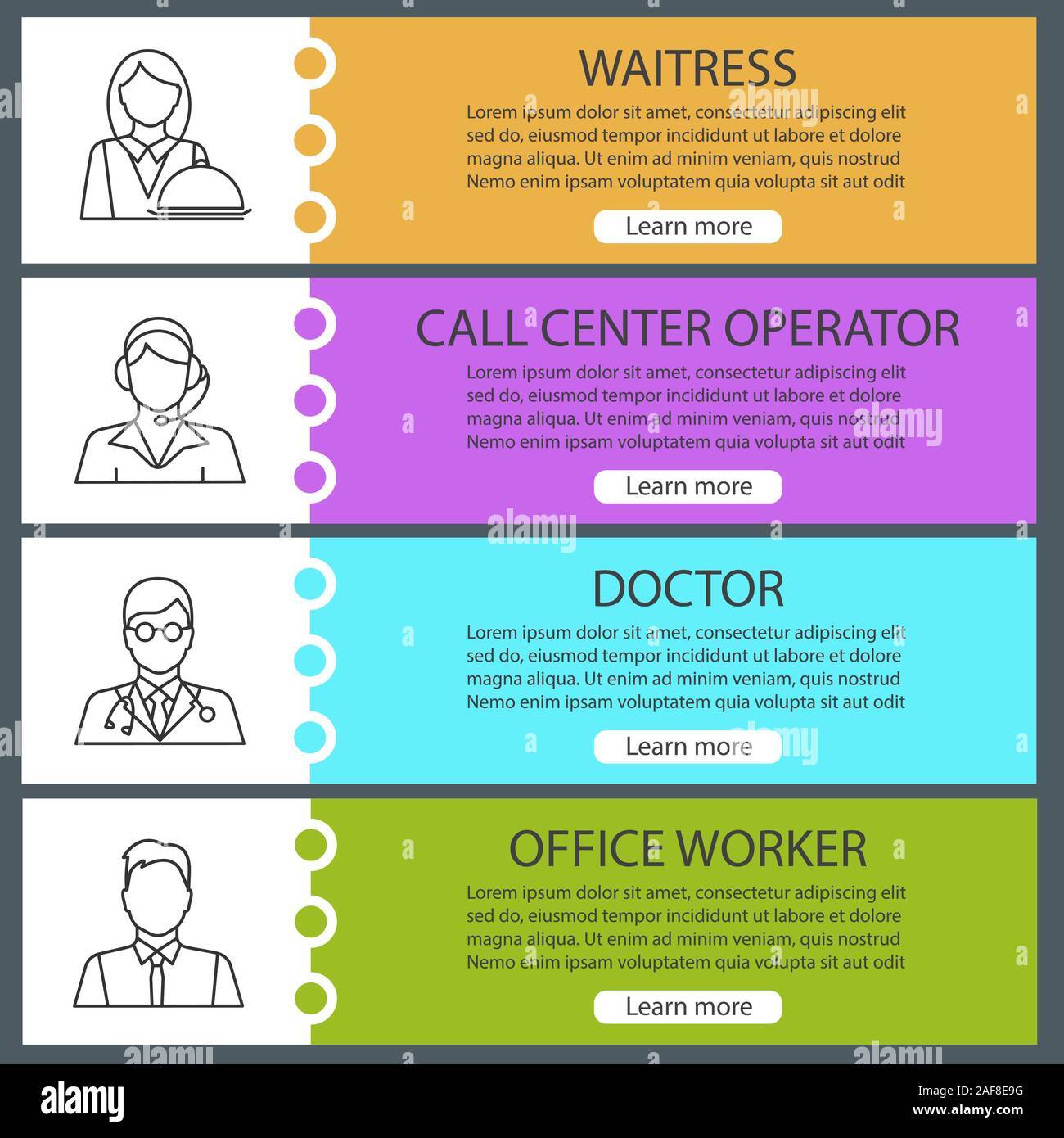 Professions web banner templates set. Waitress, call center operator ...