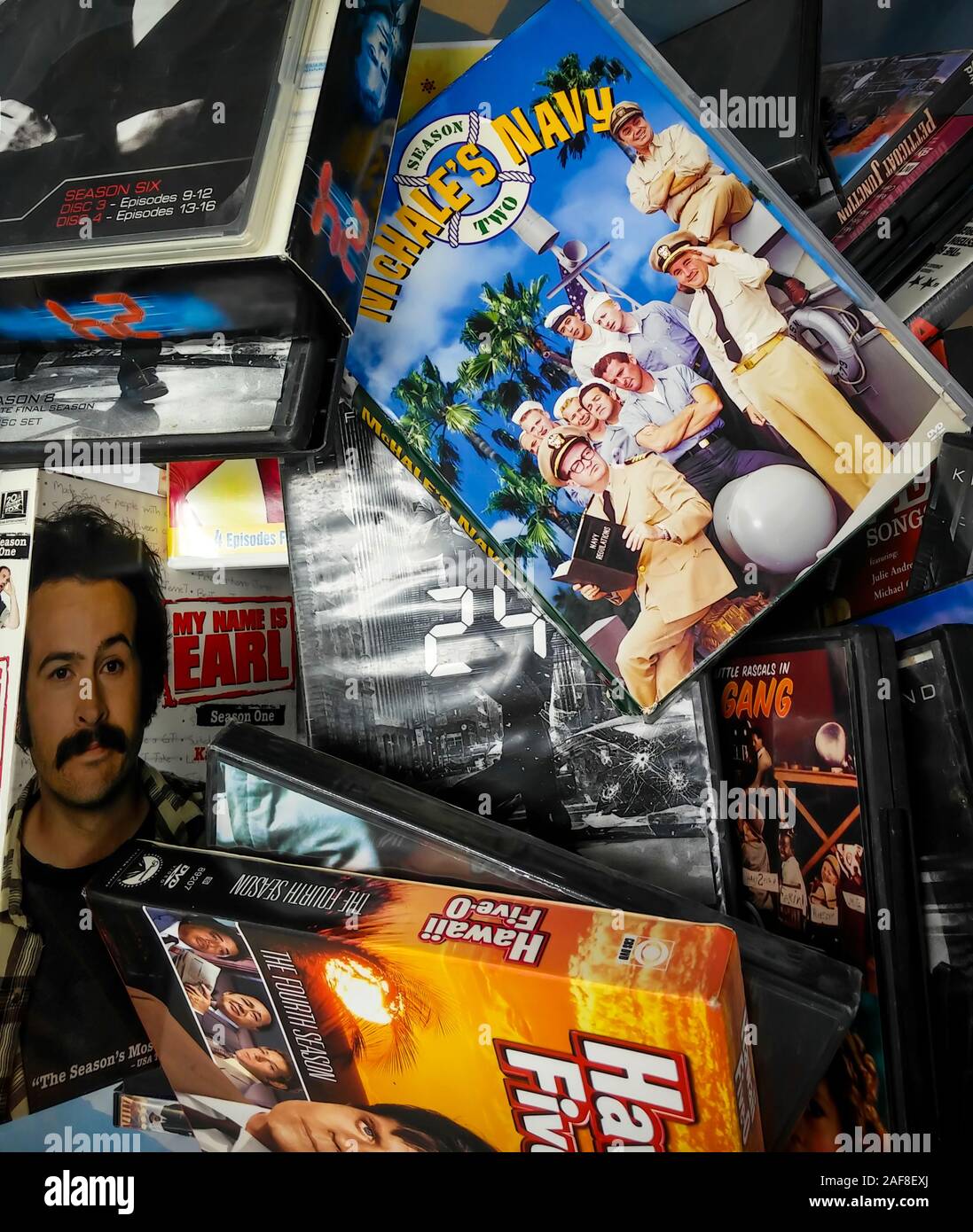 A bin containing a collection of various DVDs in New York on Tuesday ...