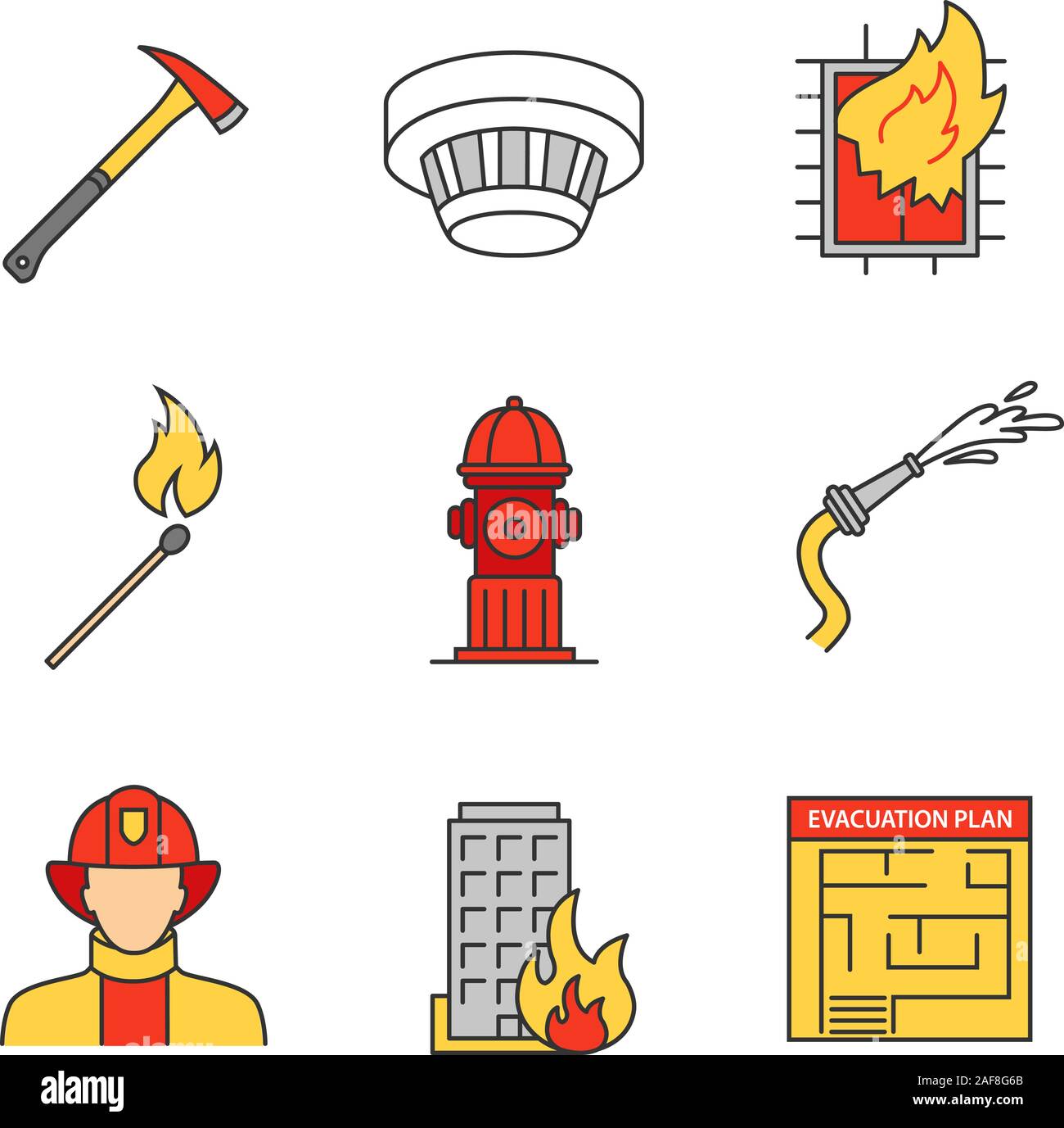 Firefighting linear icons set. Hose, burning matchstick, smoke detector ...