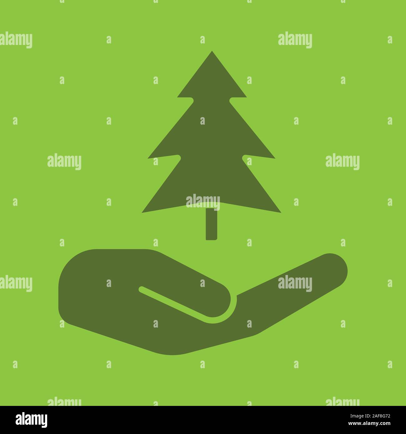Open hand with fir tree glyph color icon. Silhouette symbol. Saving ...
