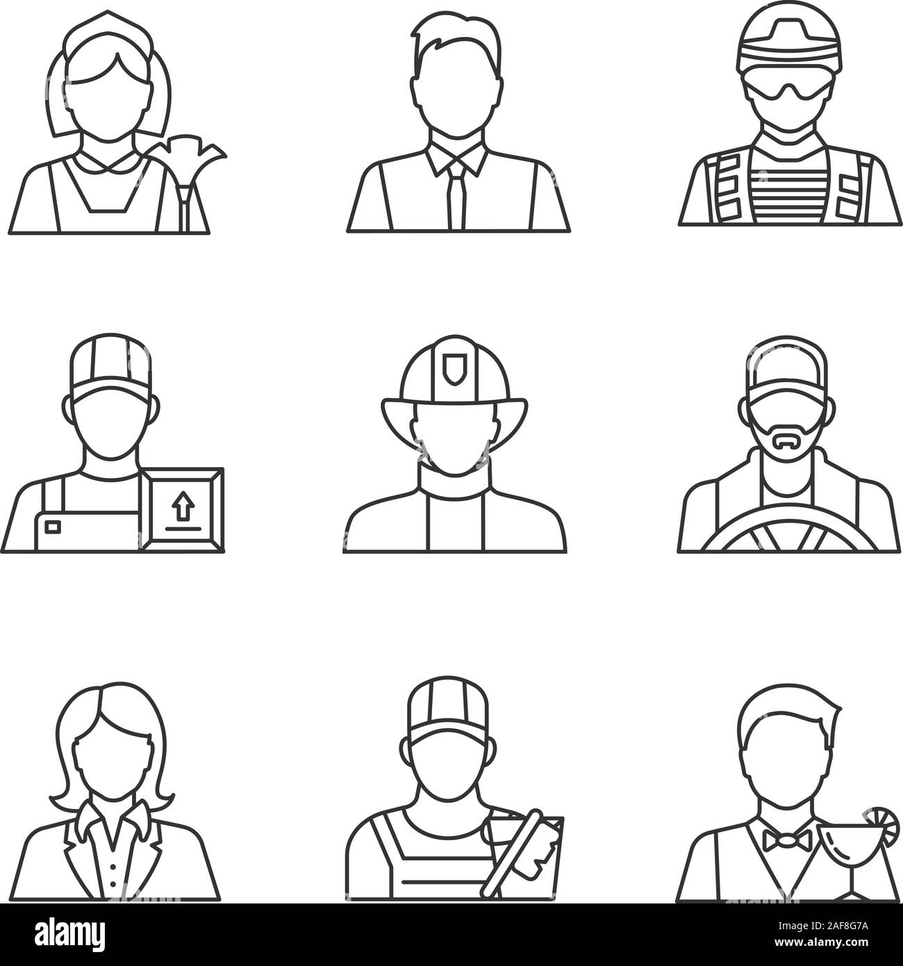 Professions linear icons set. Occupations. Maid, barman, office worker ...