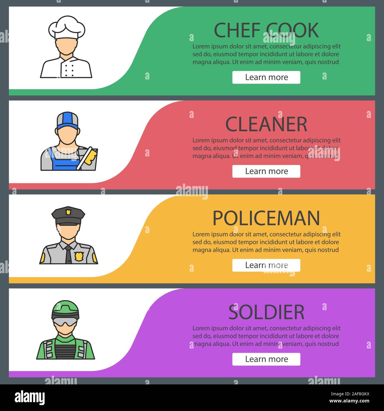 Professions web banner templates set. Chef cook, cleaner, policeman ...