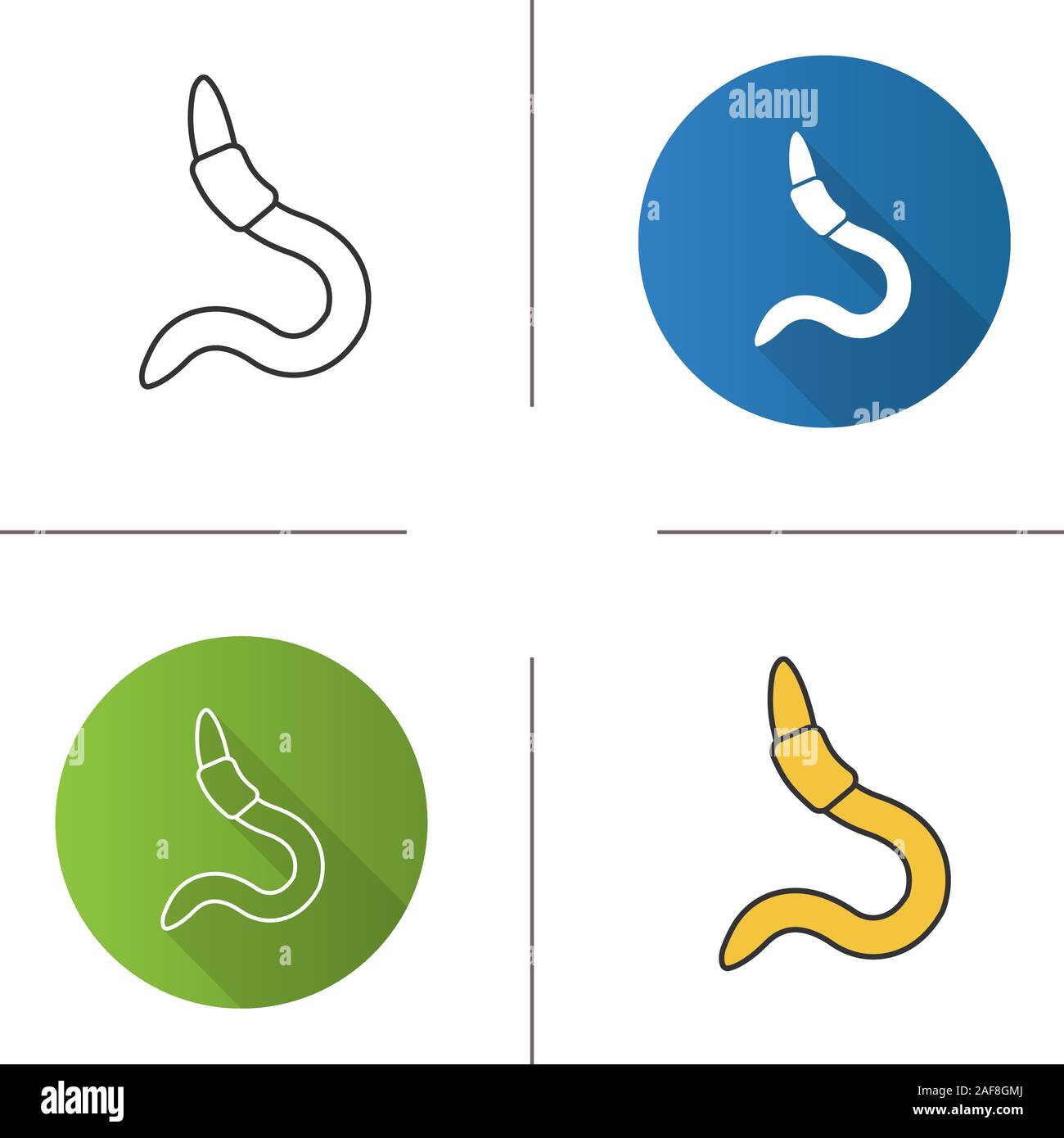 Worm icons set. Flat design, linear, black and color styles. Fishing ...