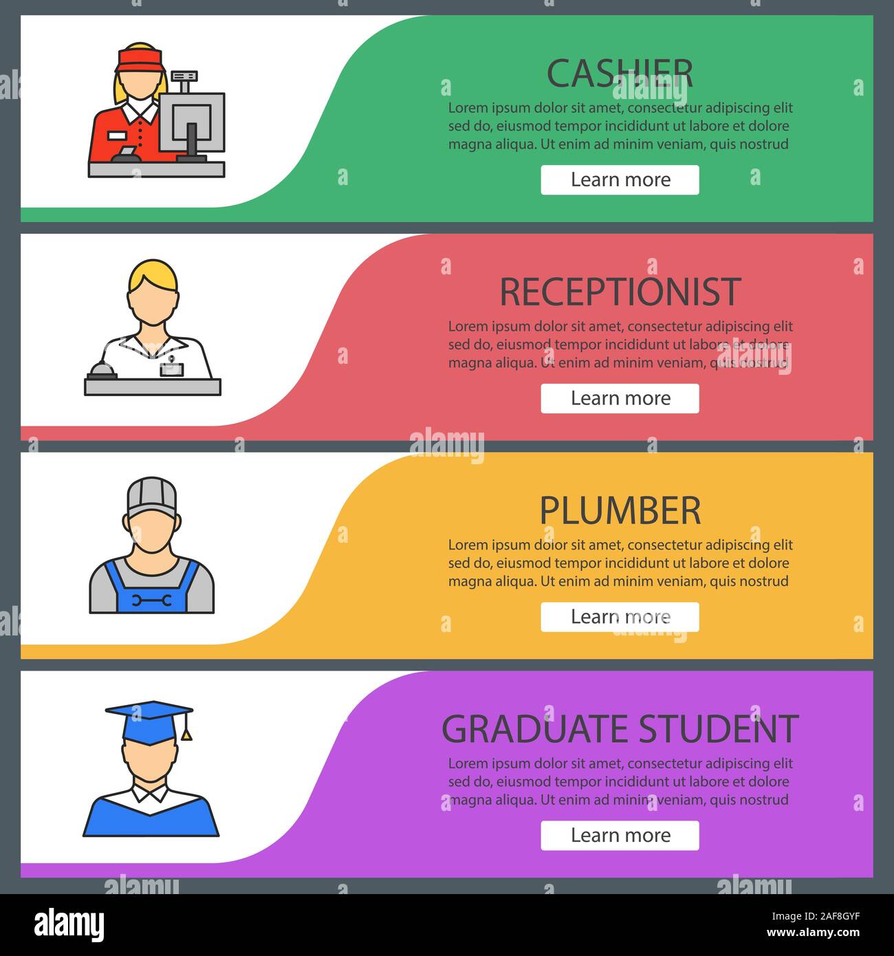 Professions web banner templates set. Cashier, receptionist, plumber ...