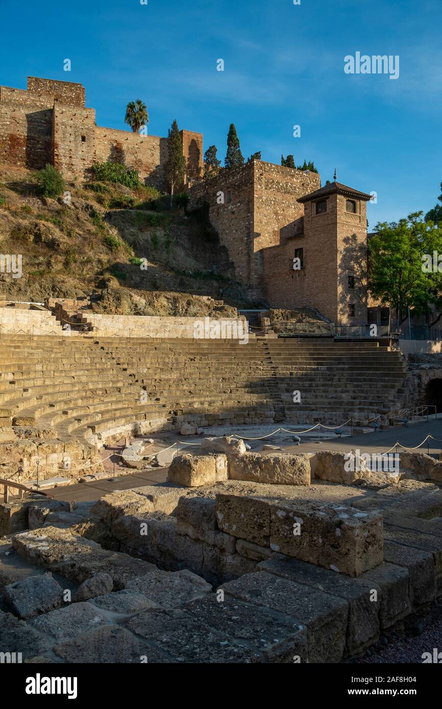 Roman theatre and Alcazaba castle. Malaga, Andalusia, Spain Stock Photo ...