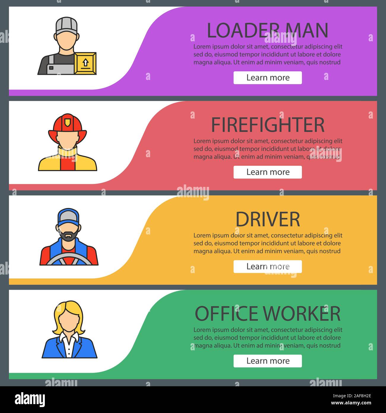 Professions web banner templates set. Loader man, firefighter, driver ...