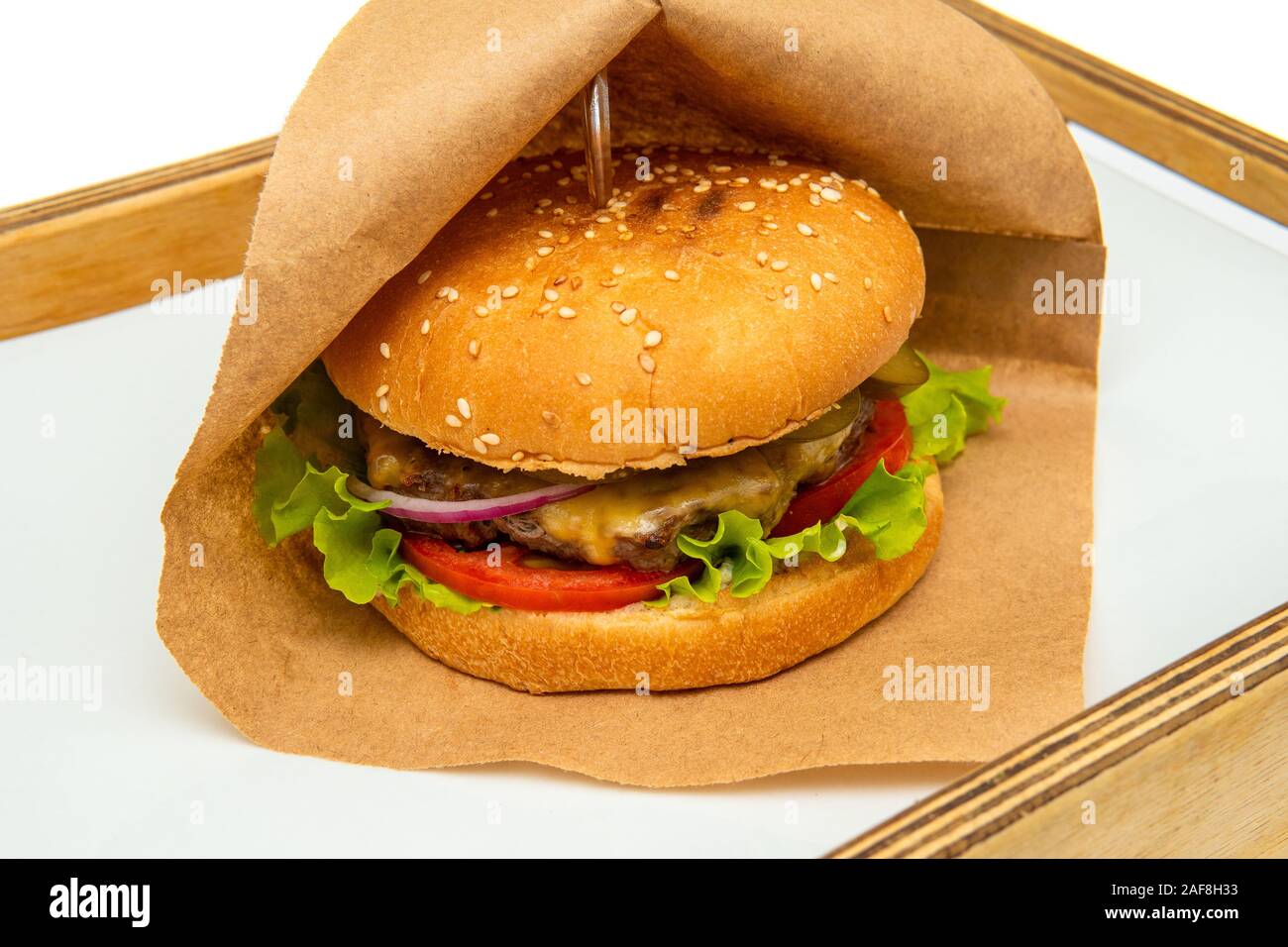 Craft beef burgers with vegetables. Delicious fresh homemade burger ...