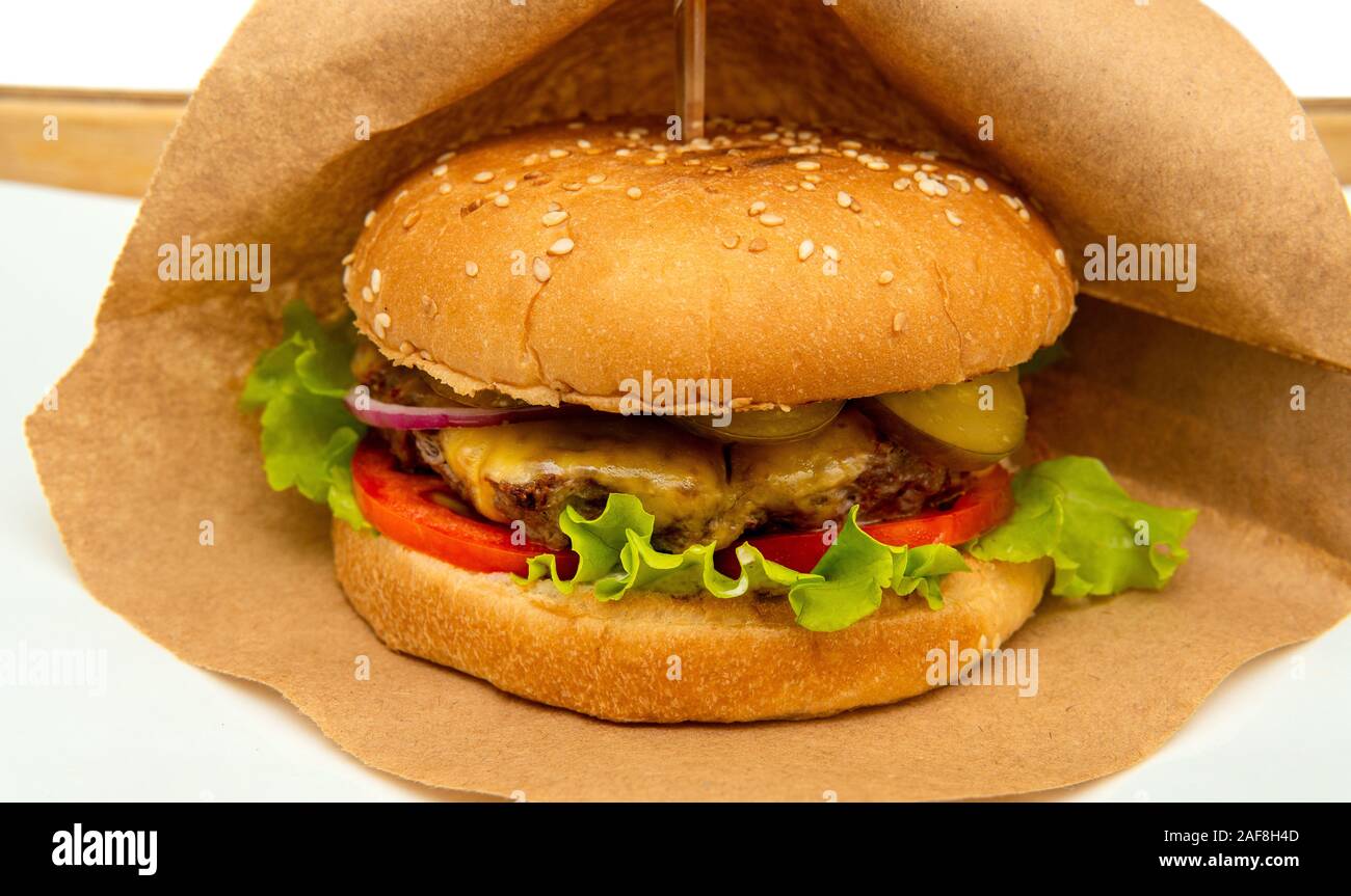 Craft beef burgers with vegetables. Delicious fresh homemade burger ...