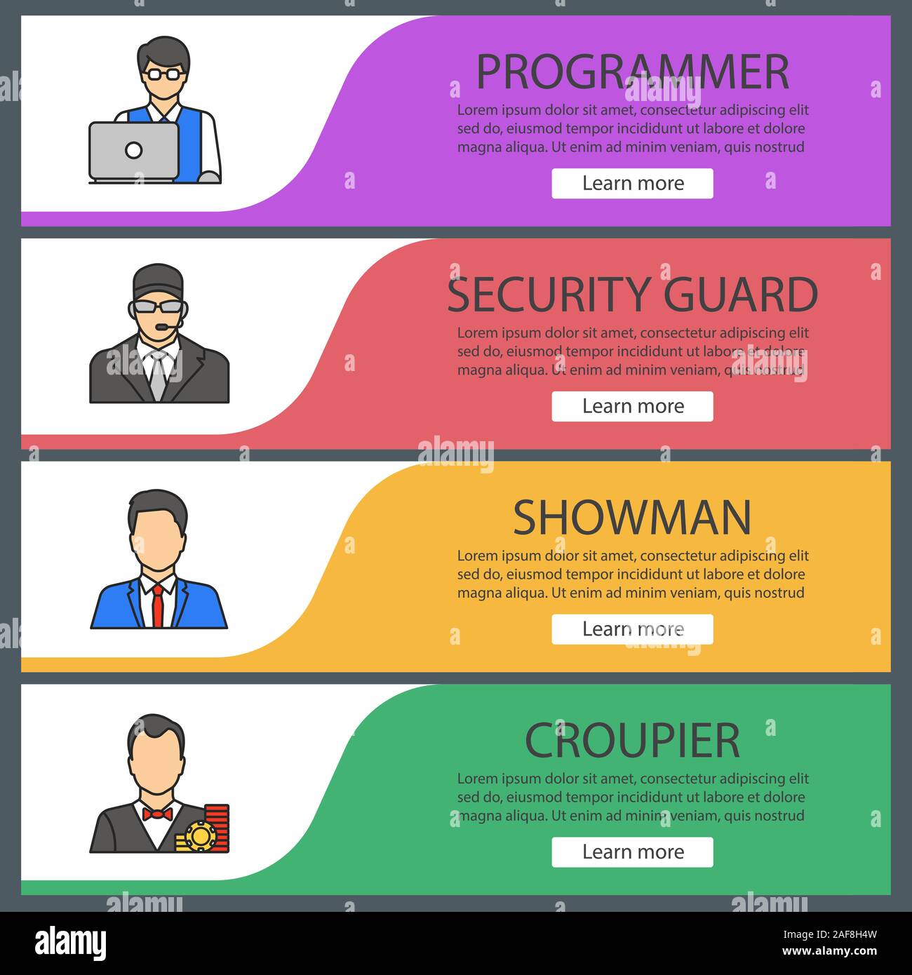 Professions web banner templates set. Programmer, security guard ...