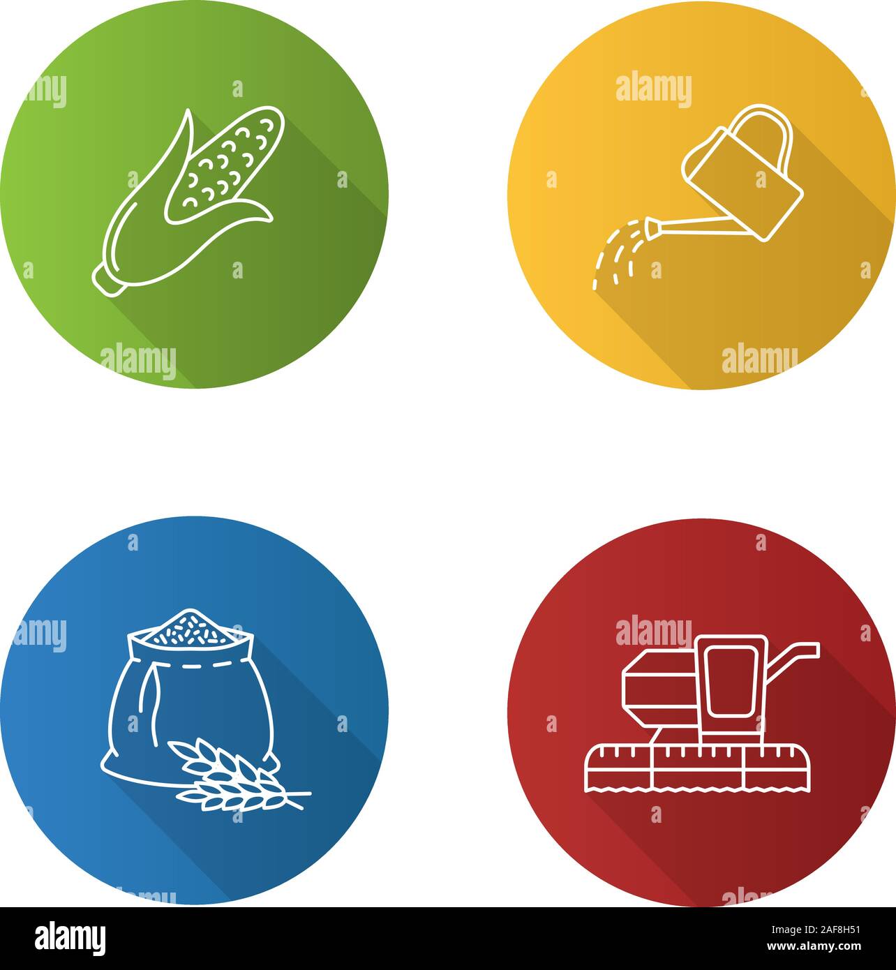 Agriculture flat linear long shadow icons set. Farming. Corn, watering ...
