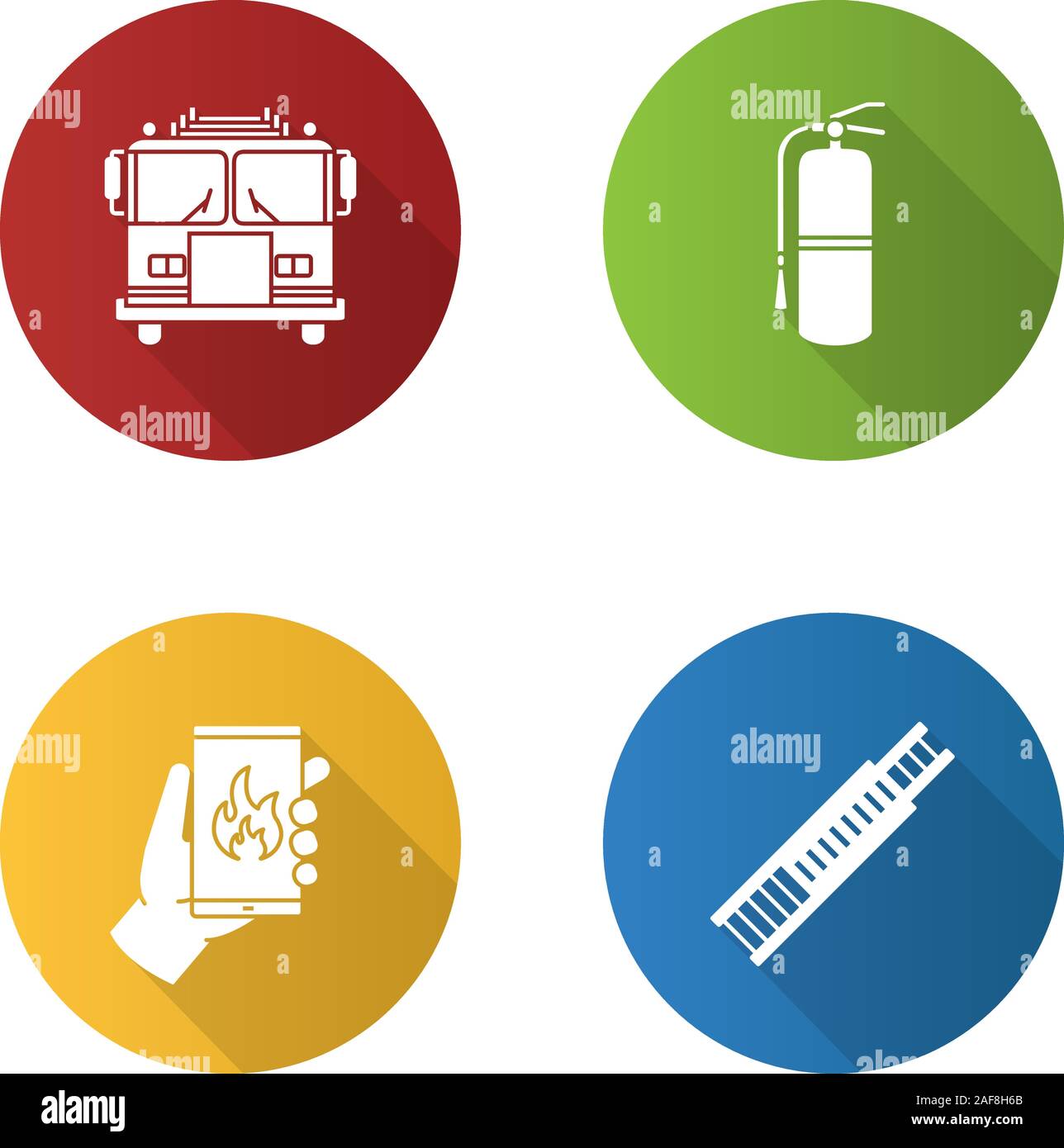 Firefighting flat design long shadow glyph icon. Fire engine, double ...