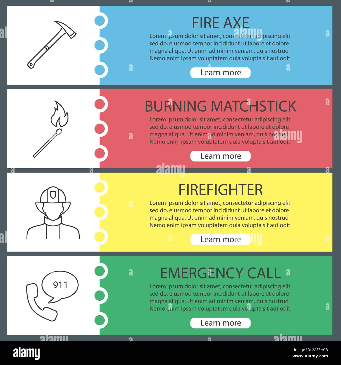 Firefighting web banner templates set. Fire axe, burning matchstick ...
