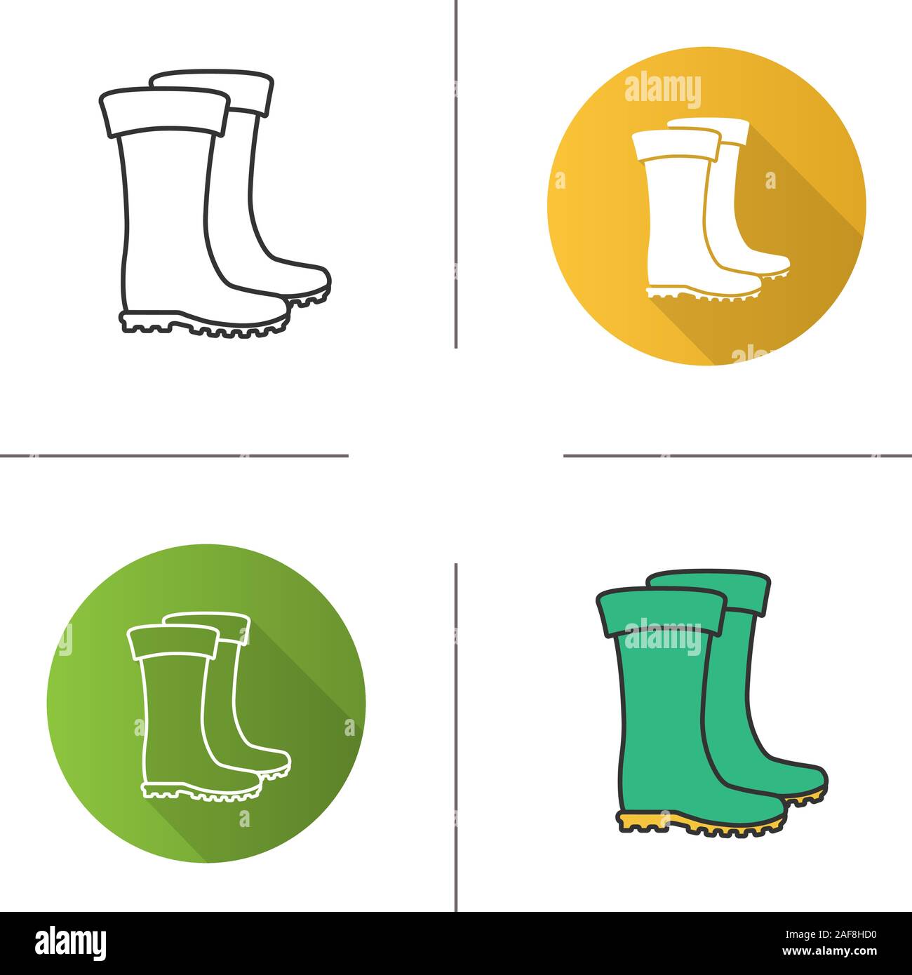 Rubber boots icons set. Flat design, linear, black and color styles ...