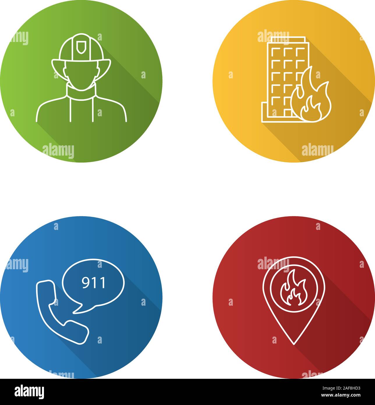 Firefighting flat linear long shadow icons set. Firefighter, fire ...