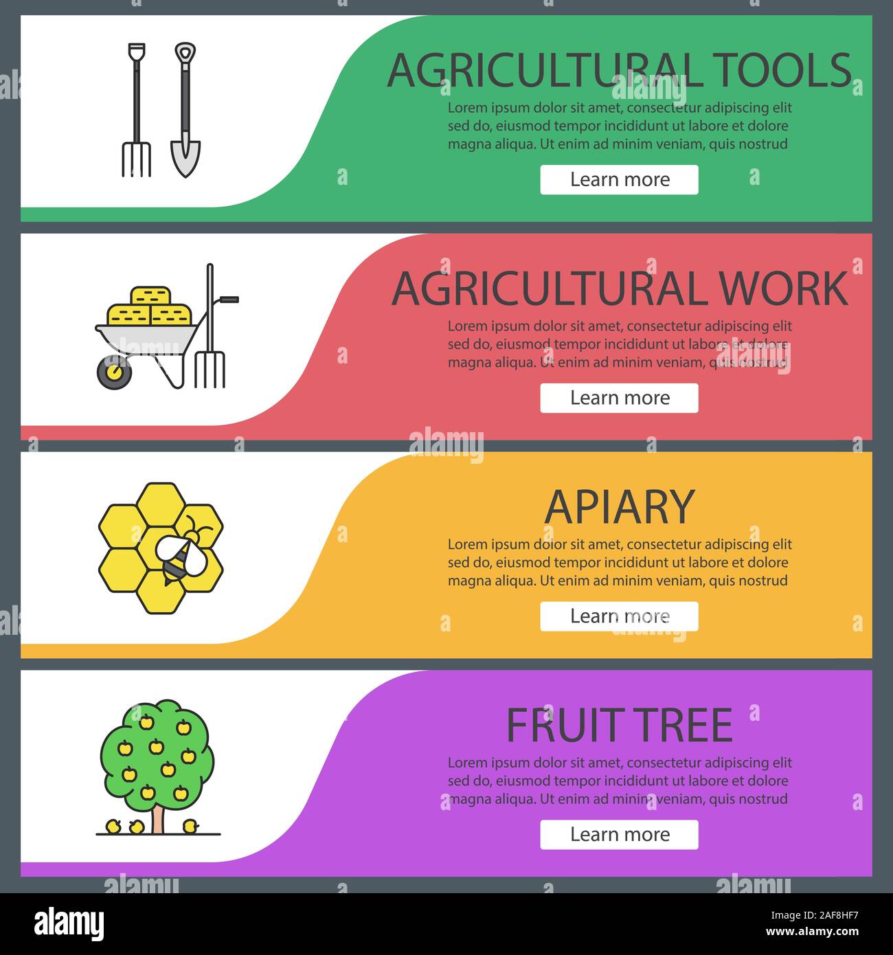 Agriculture web banner templates set. Pitchfork and shovel, wheelbarrow ...