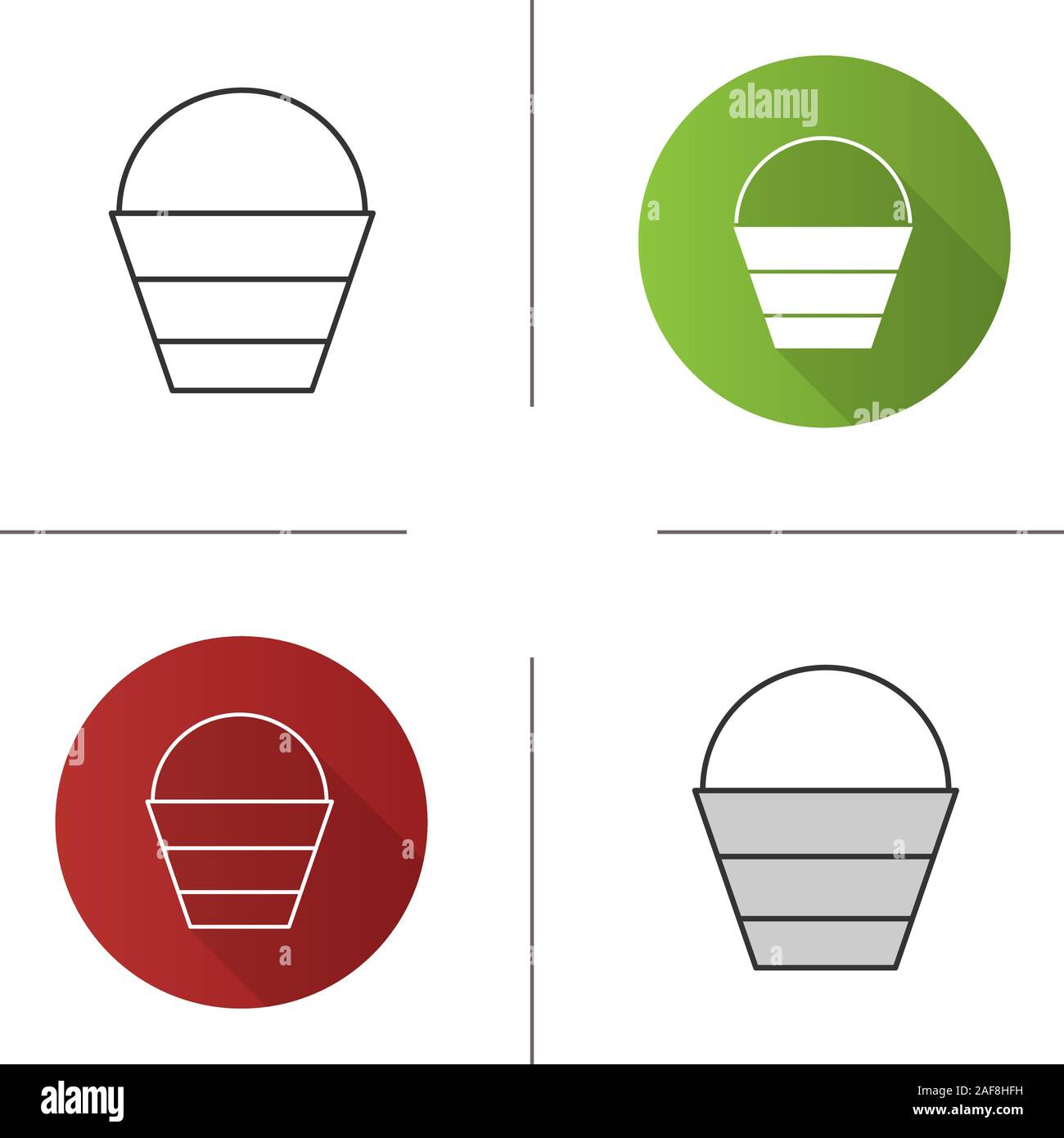 Bucket icons set. Flat design, linear, black and color styles. Fishing ...