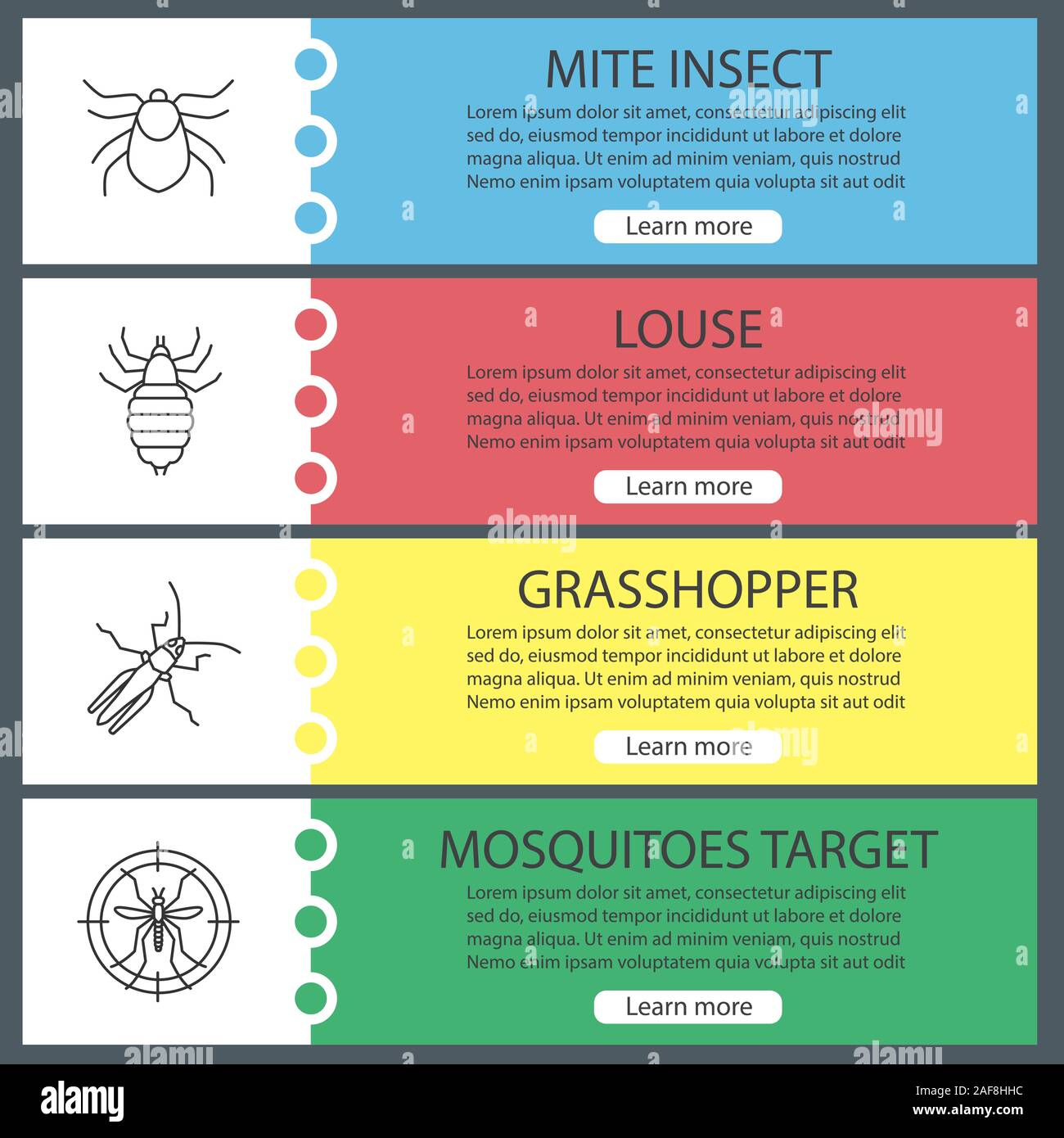 Pest control web banner templates set. Mite, louse, grasshopper ...