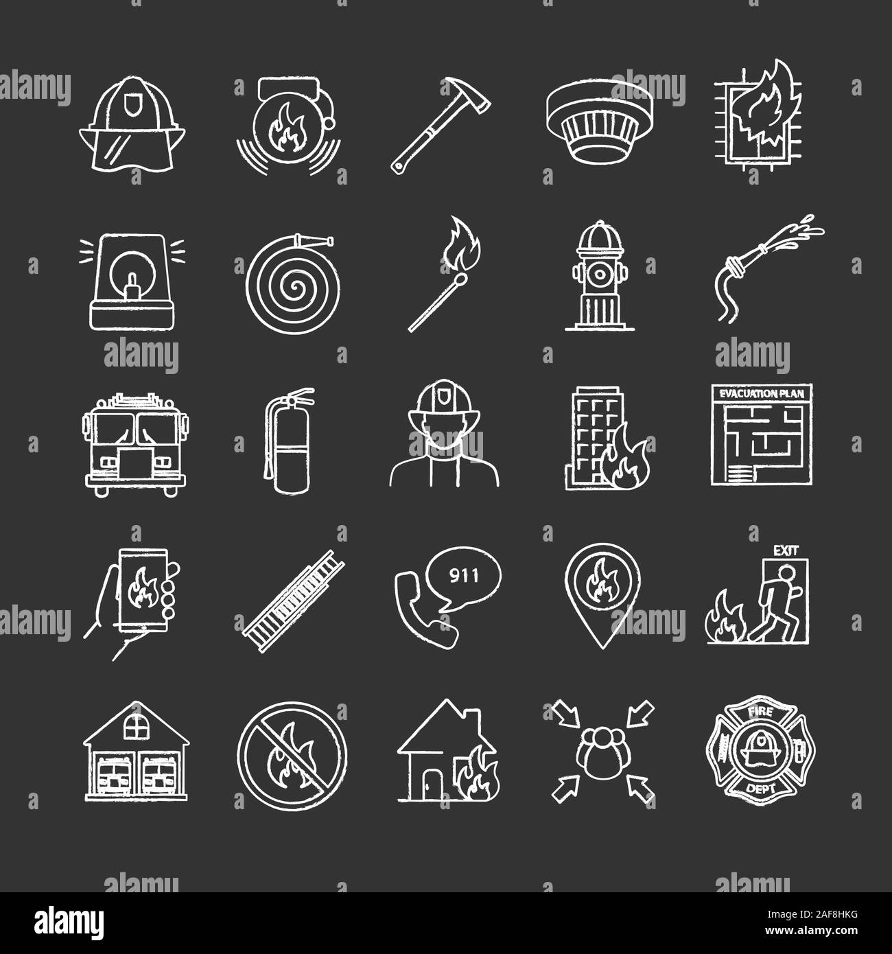 Firefighting chalk icons set. Fire station equipment. Isolated vector ...