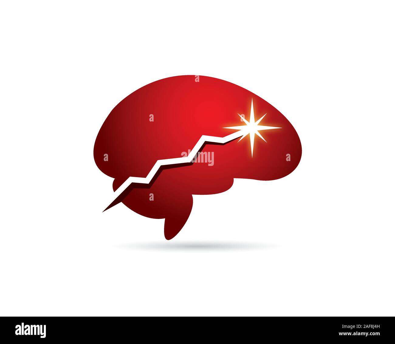 red brain with ascending increasing chart to maximum point star and ...