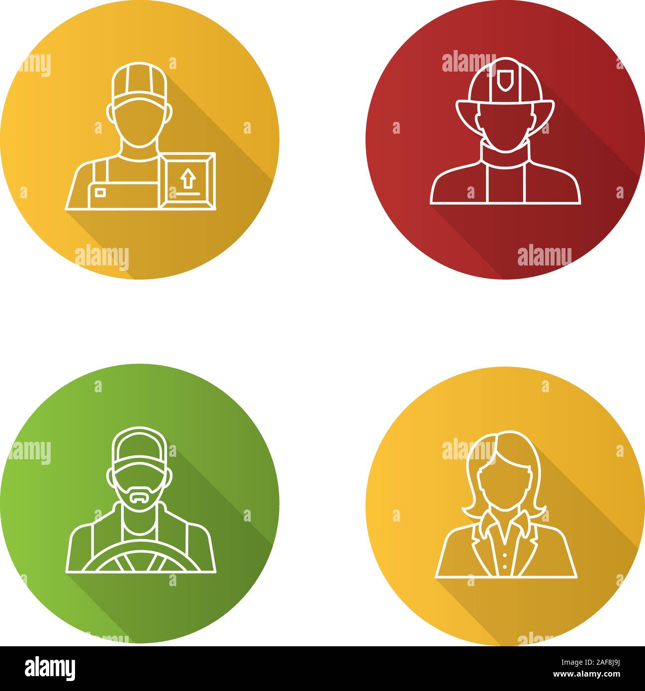Professions flat linear long shadow icons set. Occupations. Firefighter ...