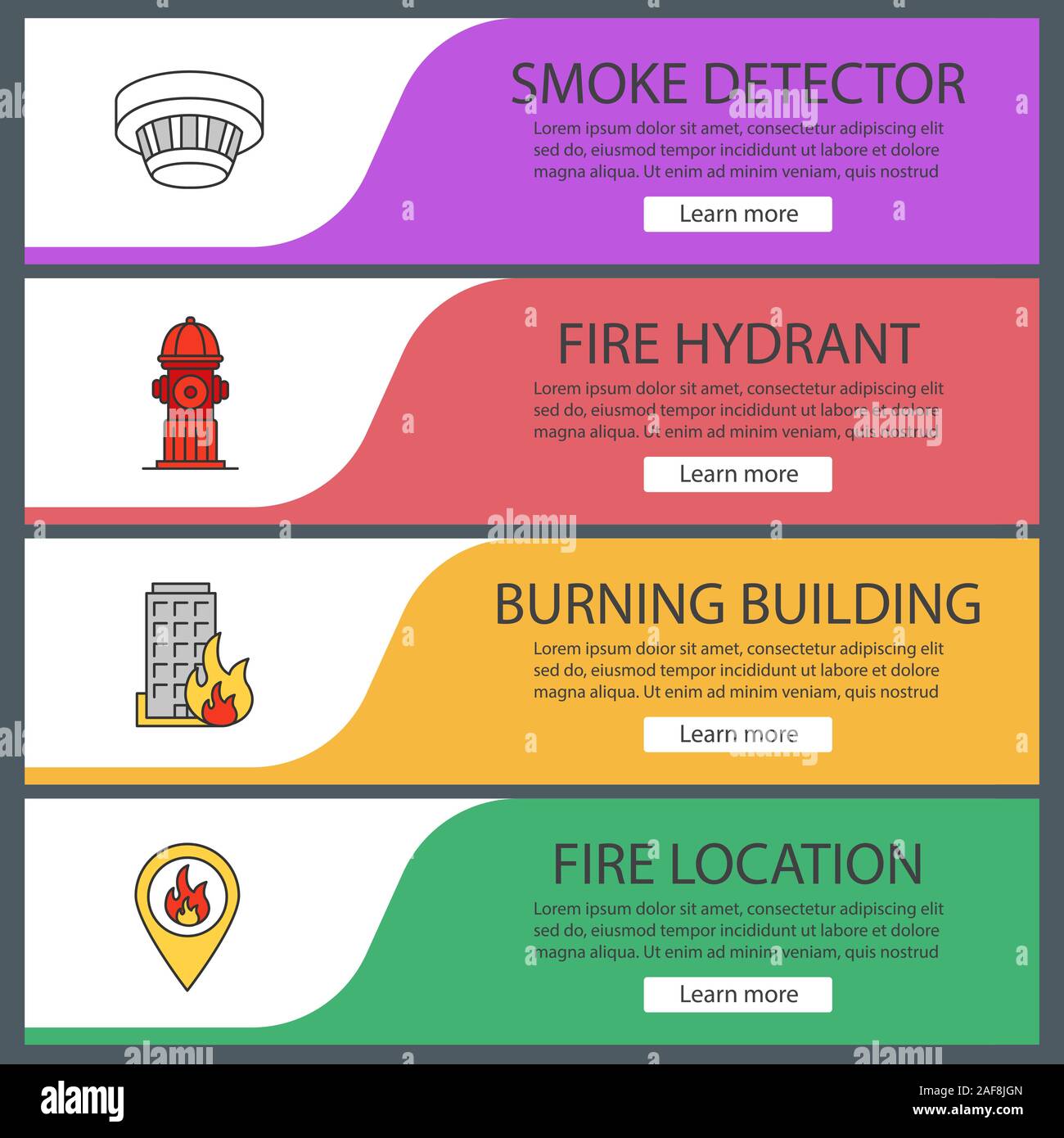 Firefighting web banner templates set. Smoke detector, hydrant, burning ...