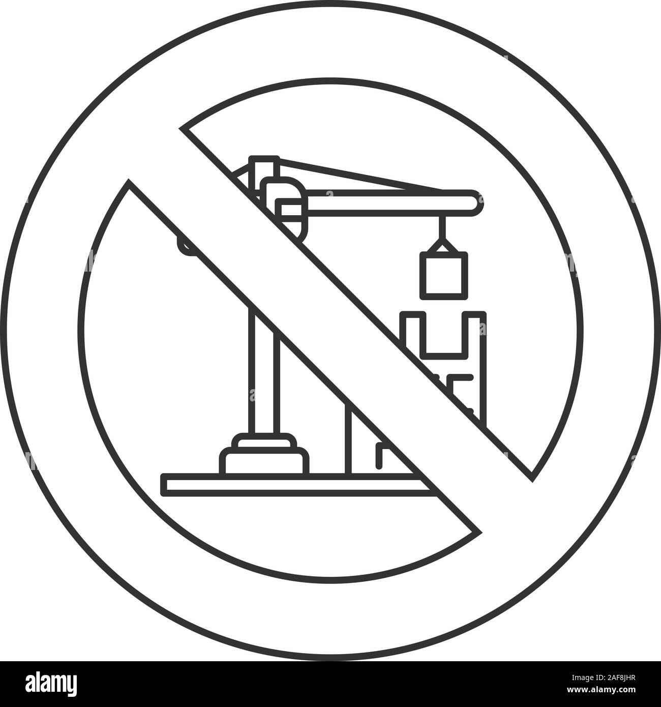 Forbidden sign with tower crane linear icon. No constructing. Stop ...