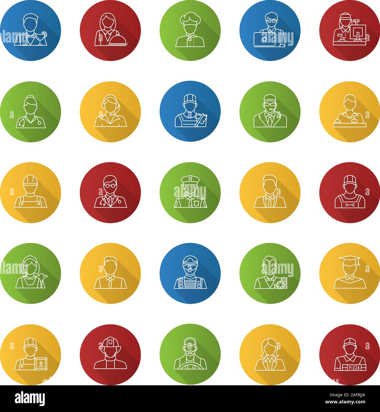 Professions flat linear long shadow icons set. Occupations. Workers ...