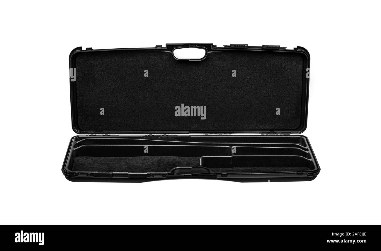 Open black plastic case with foam inside. Weapon case isolate on white ...