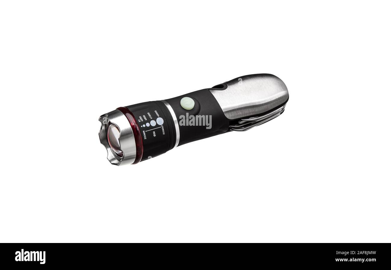 modern black metal flashlight isolated on white background Stock Photo ...