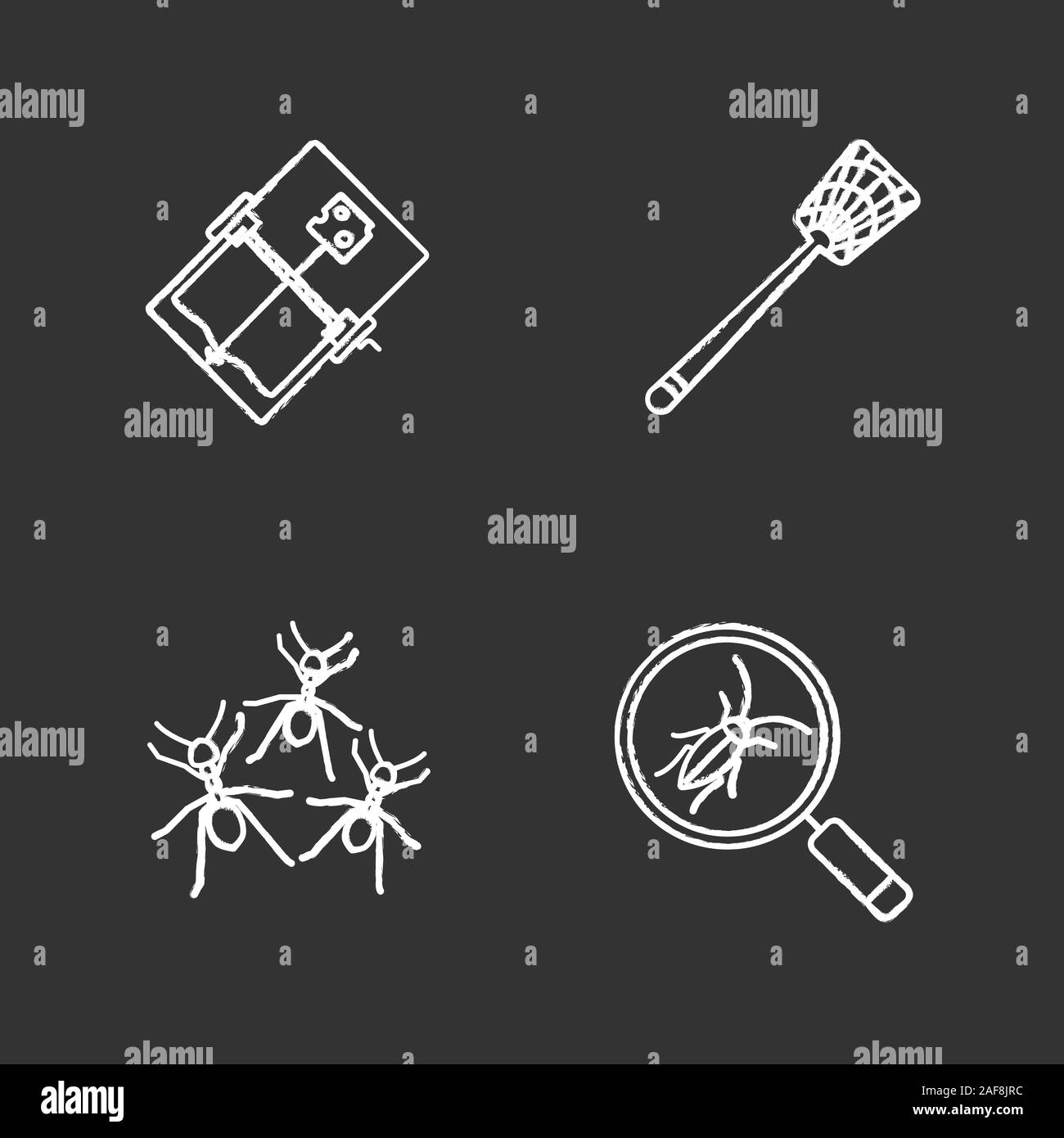 Pest control chalk icons set. Cockroach searching, fly-swatter, mouse ...