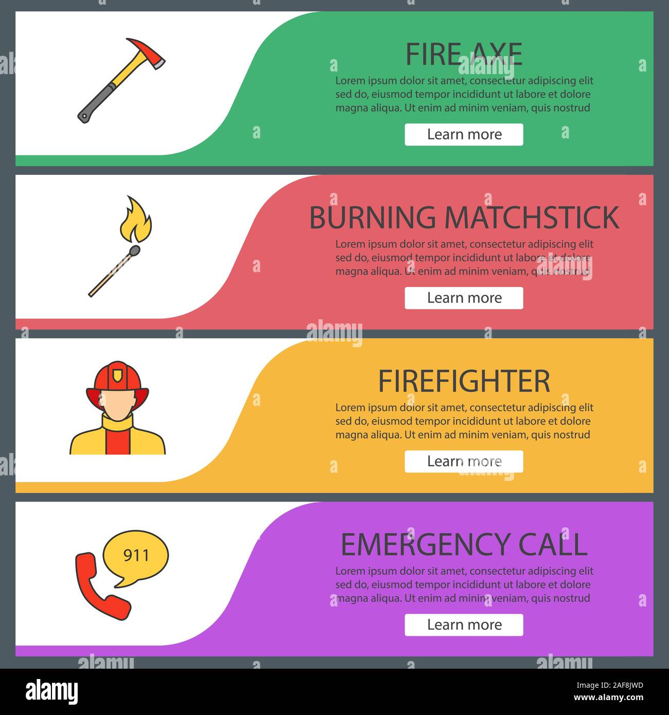 Firefighting web banner templates set. Fire axe, burning matchstick ...