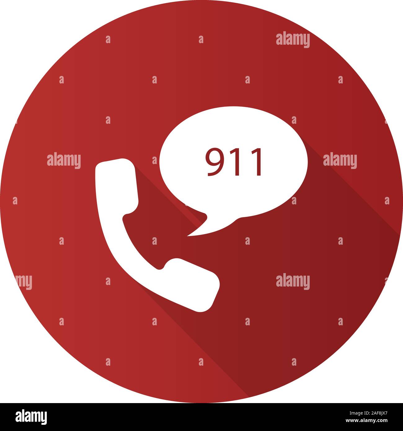 Emergency calling service flat design long shadow glyph icon. Handset and speech bubble with 911 ...