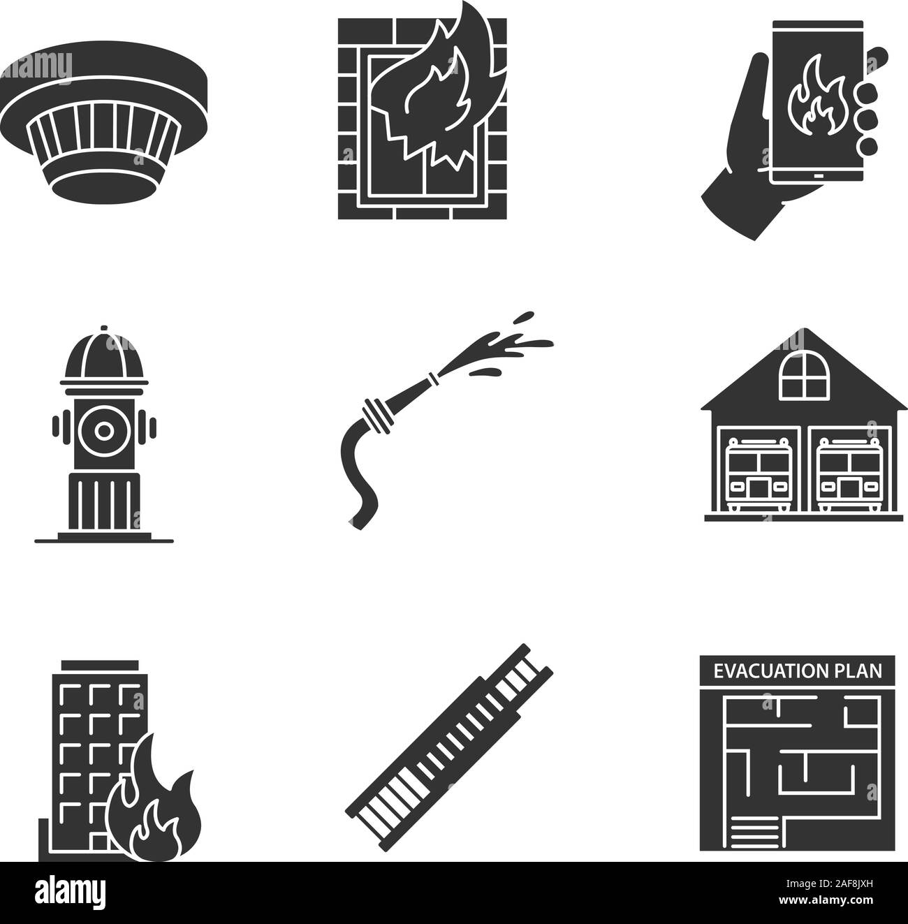 Firefighting glyph icons set. Smoke detector, emergency call, hydrant ...