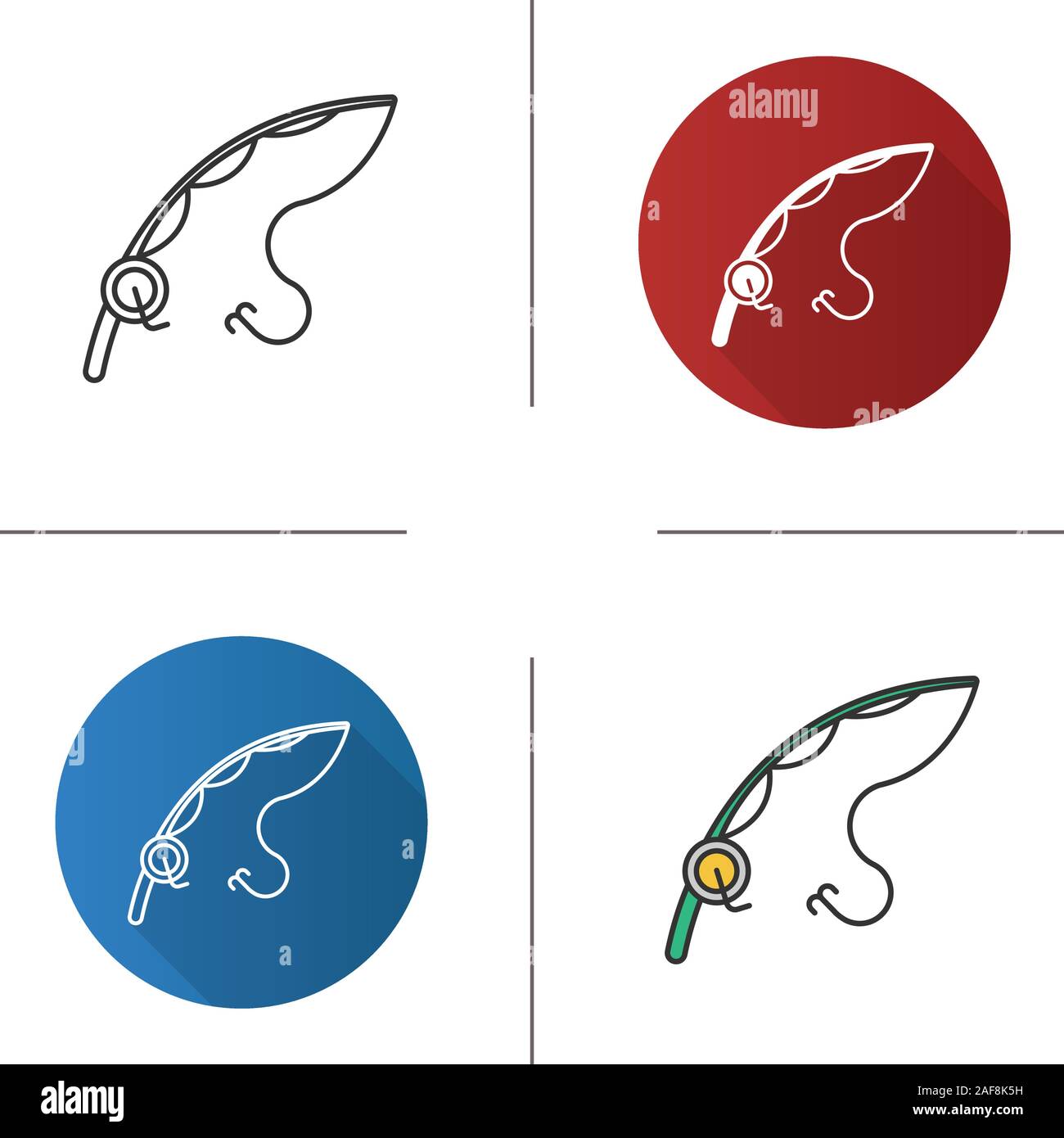 Spinning rod and reel combo icon. Flat design, linear and color styles ...