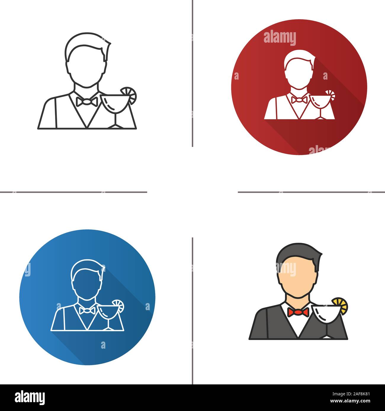 Barman icon. Bartender, barkeeper. Flat design, linear and color styles ...
