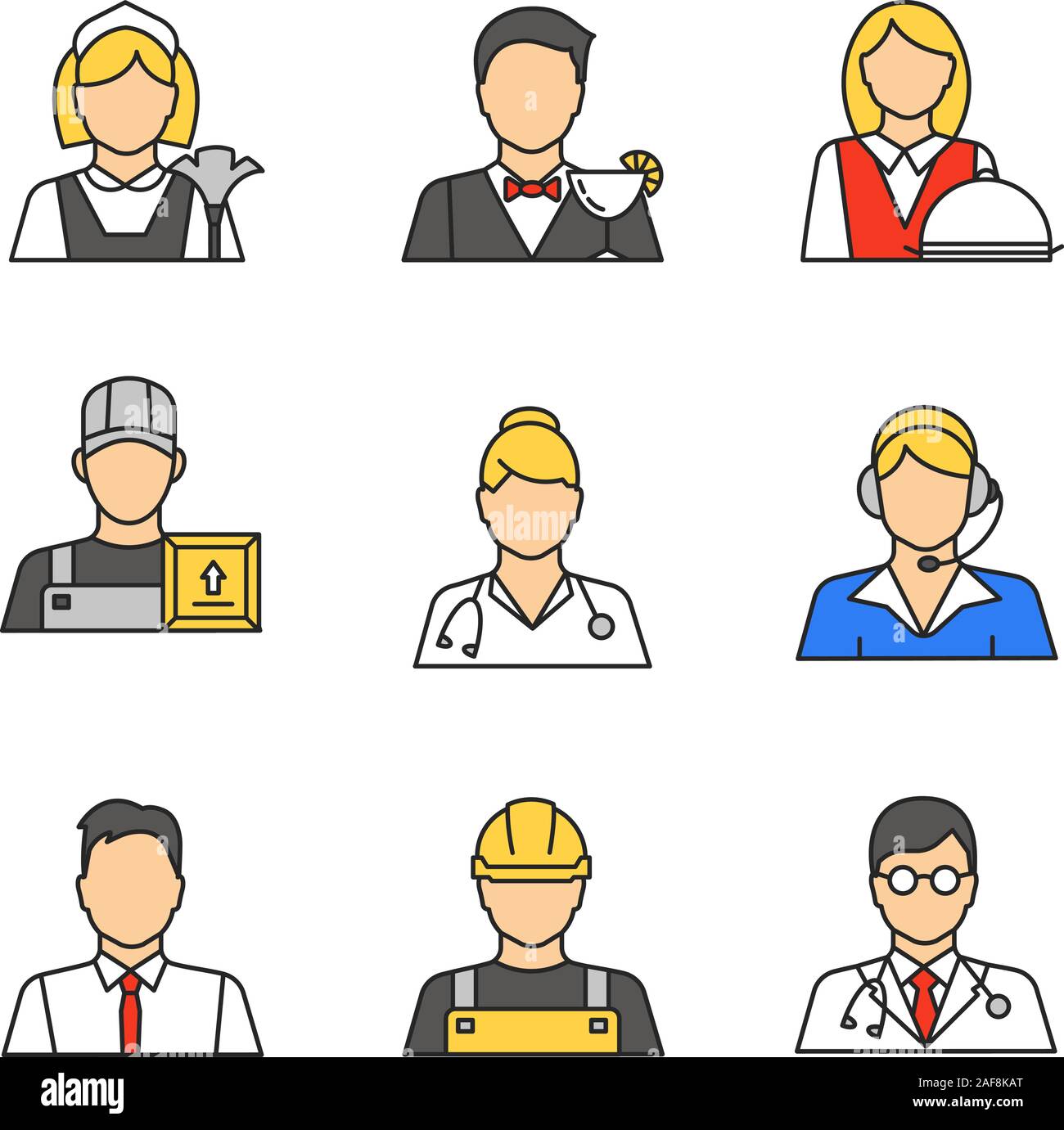 Professions color icons set. Maid, barman, waitress, loader man ...