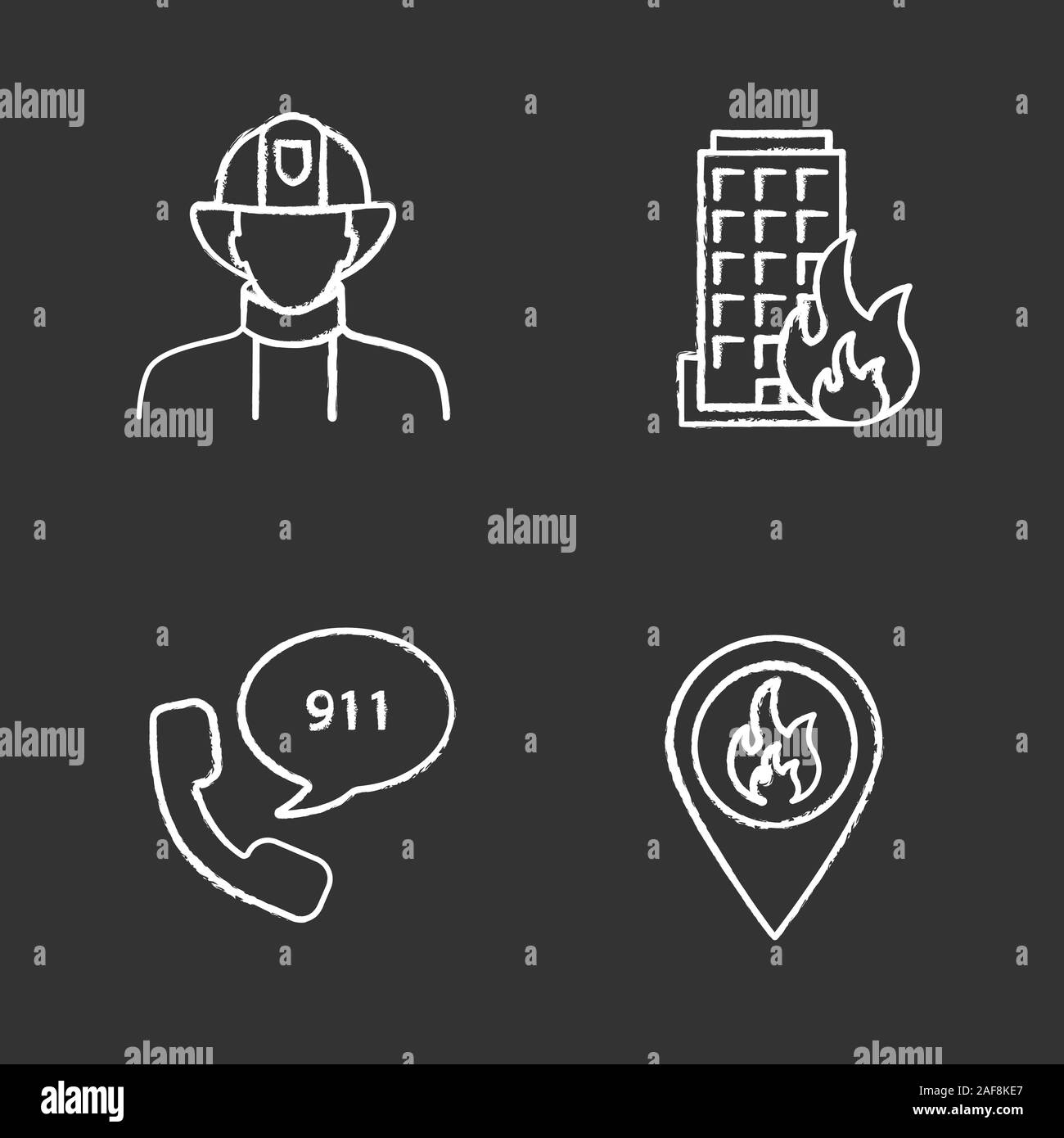 Firefighting chalk icons set. Firefighter, fire location, burning house ...