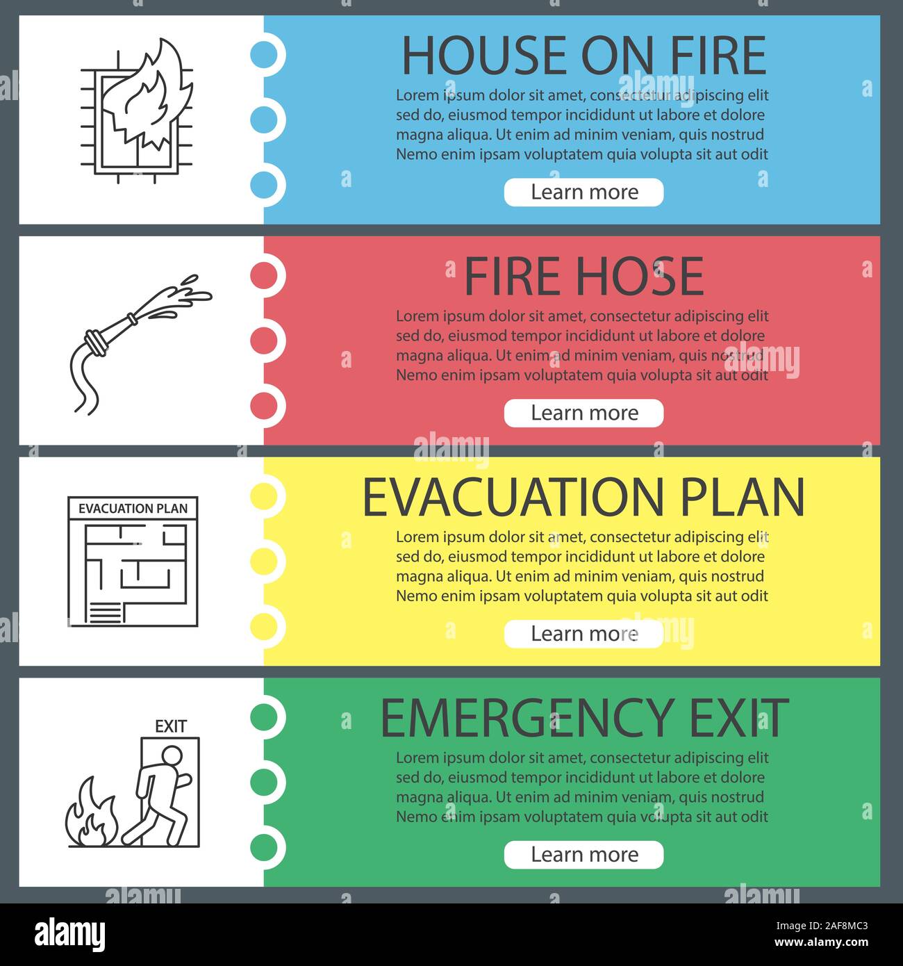 Firefighting web banner templates set. House on fire, evacuation plan ...