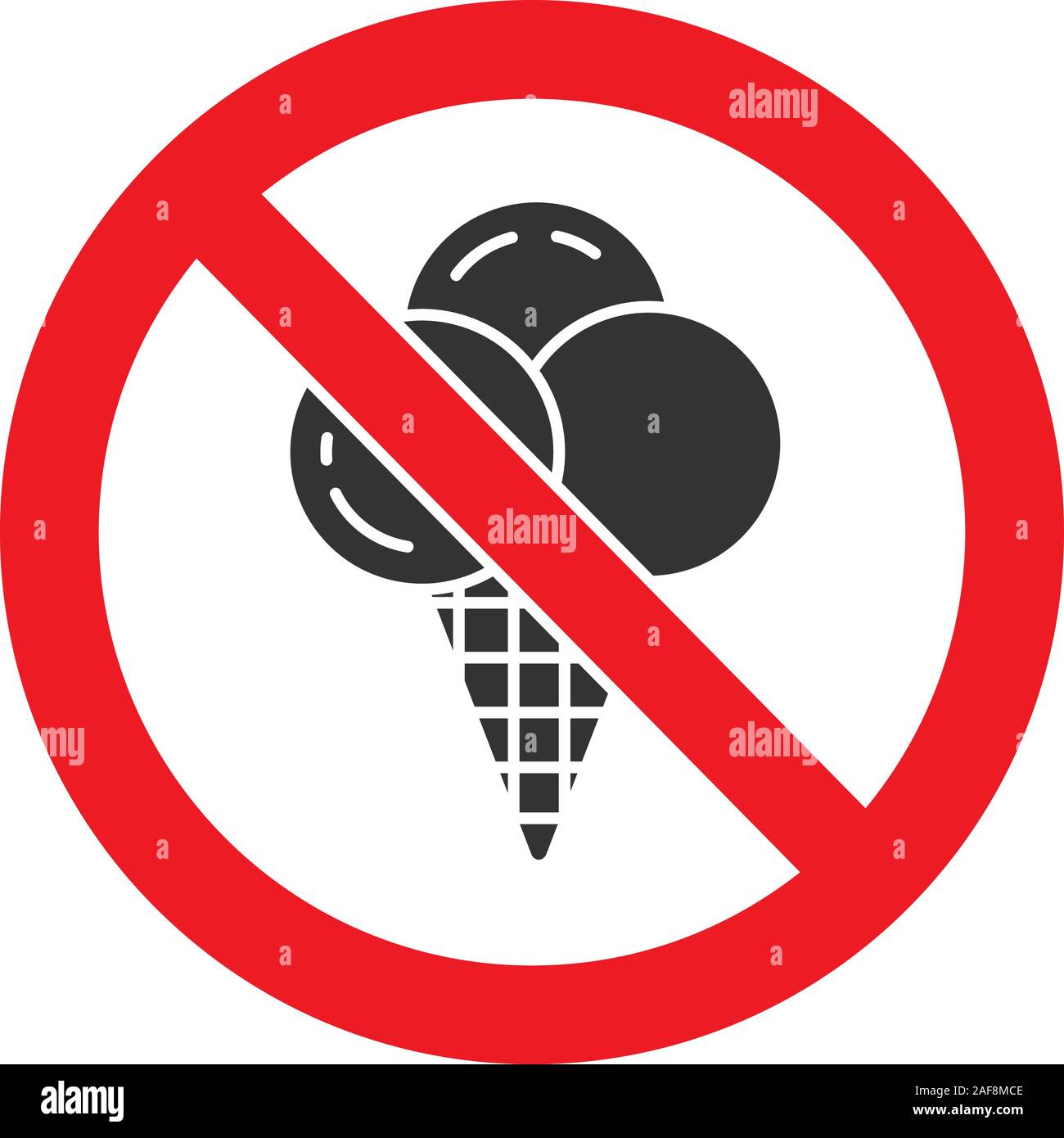 Forbidden sign with ice cream glyph icon. Silhouette symbol. No sweets ...