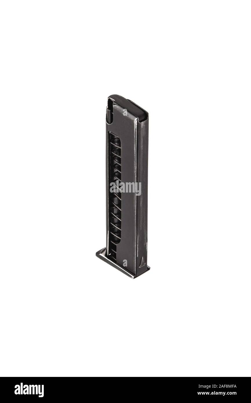 Handgun magazine on white surface. Clip for a modern semi-automatic ...